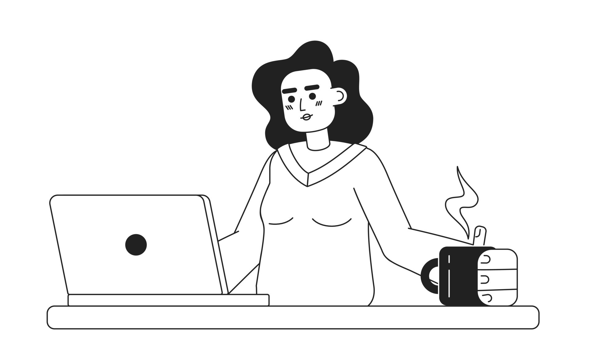 Freelance Programmer With Laptop And Cup Monochromatic Flat Vector Character Linear Hand Drawn