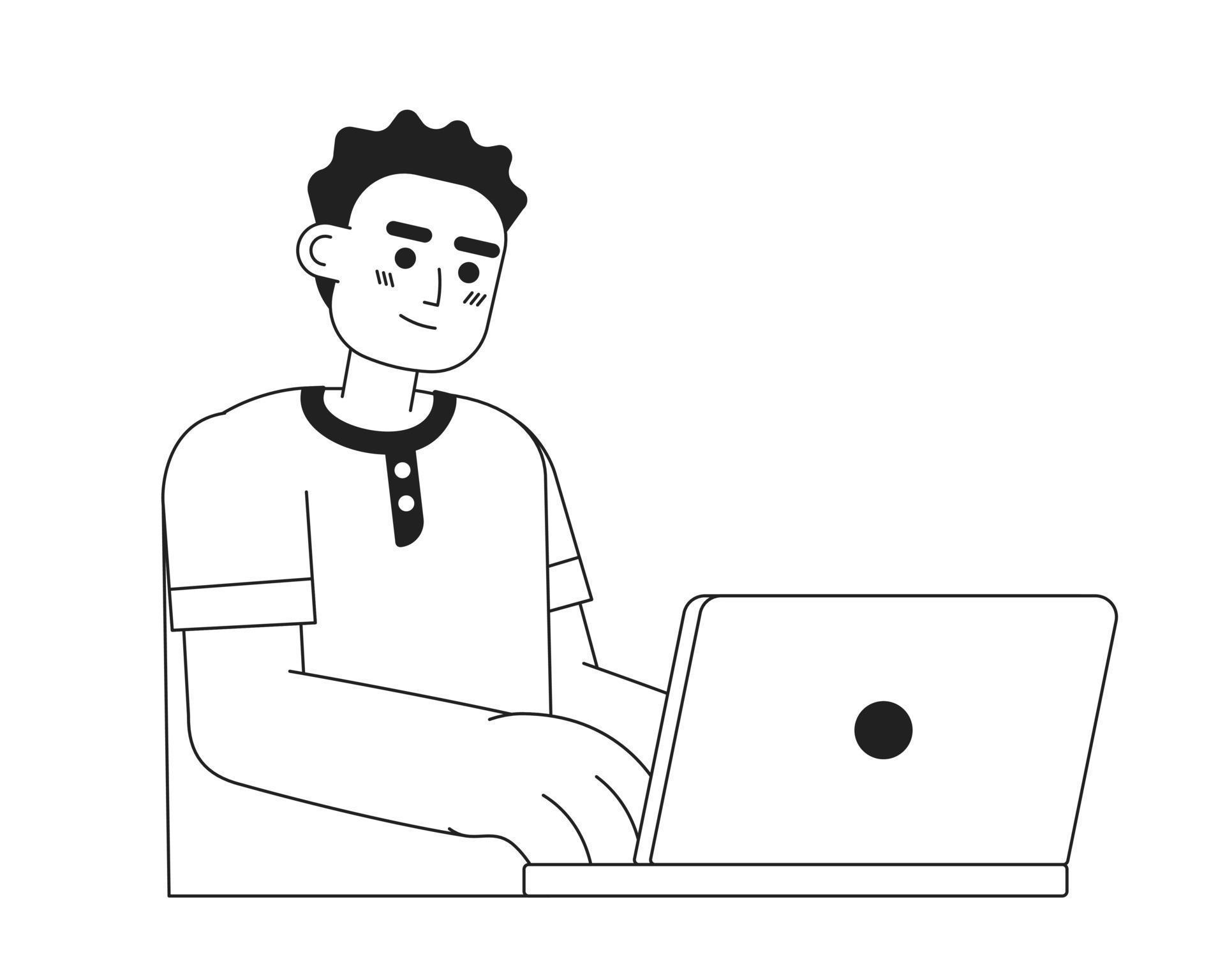 Programmer typing on laptop monochromatic flat vector character. Linear hand drawn sketch ...