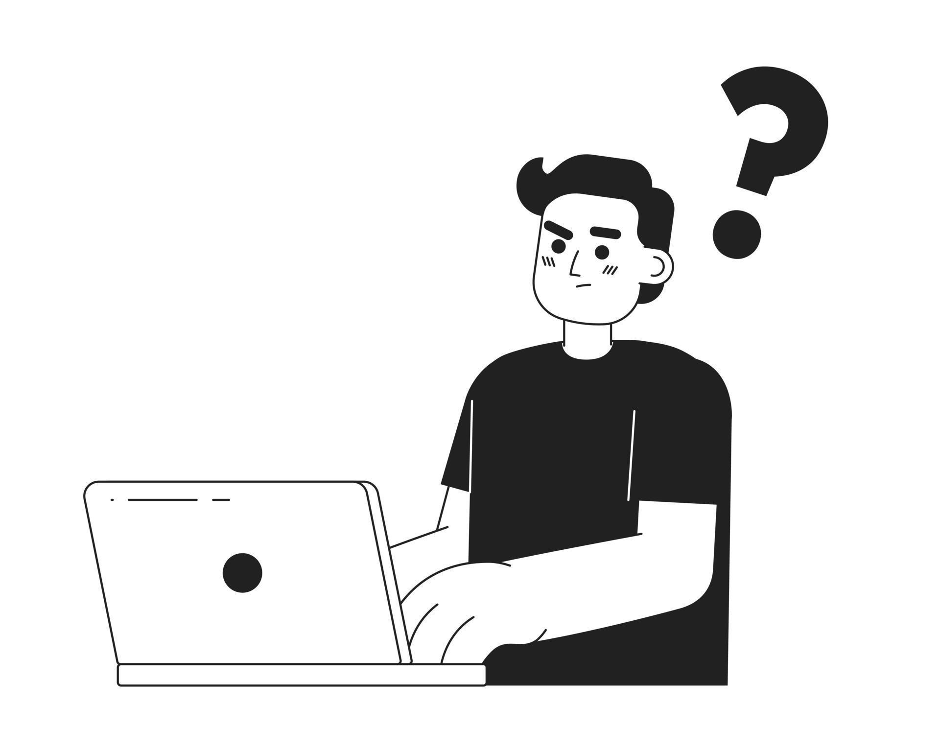 Confused programmer with laptop monochromatic flat vector character ...