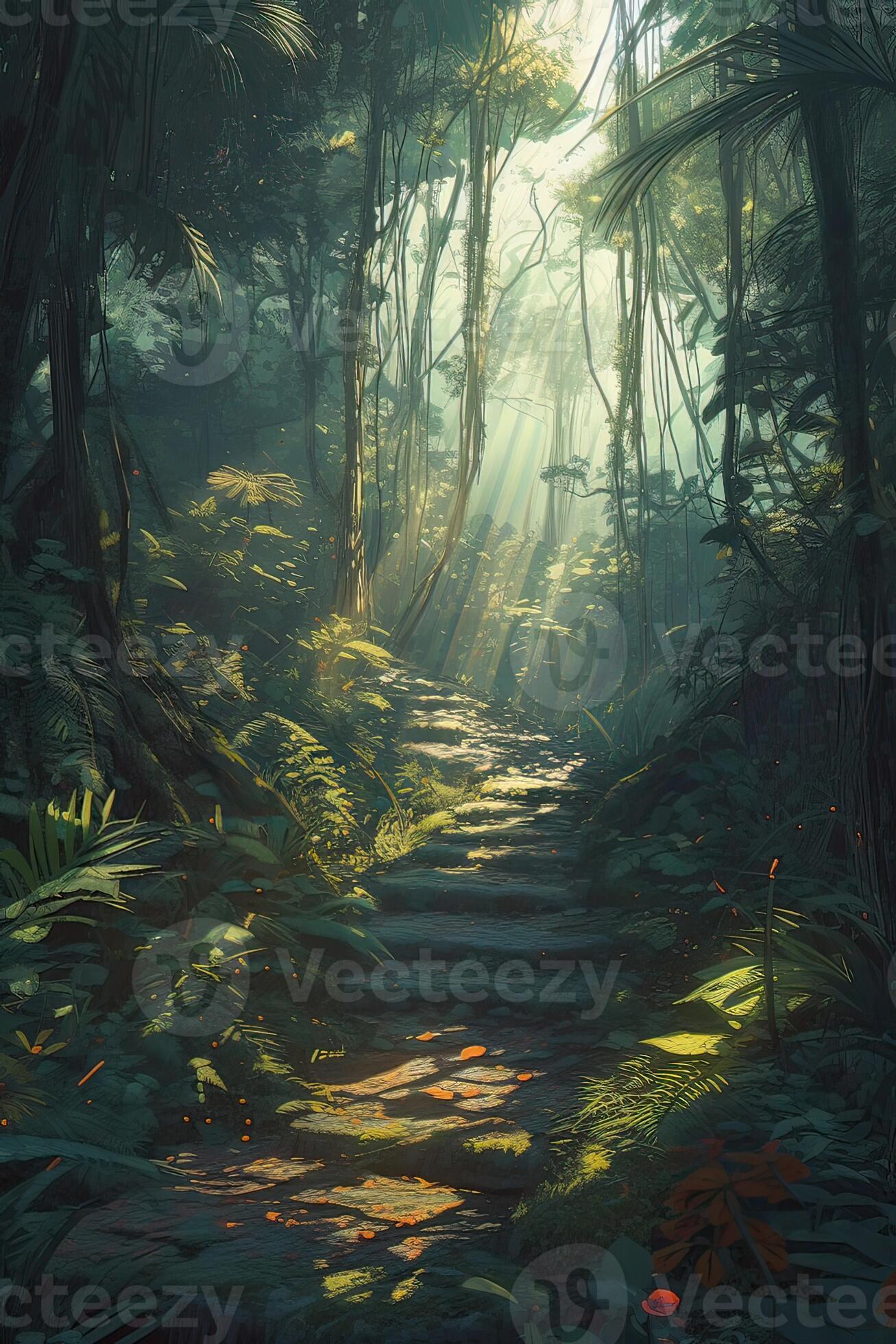 Beautiful Forest in the morning in a fog in the sun, trees in a haze of ...