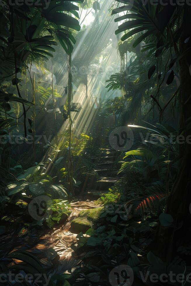 Beautiful Forest in the morning in a fog in the sun, trees in a haze of ...