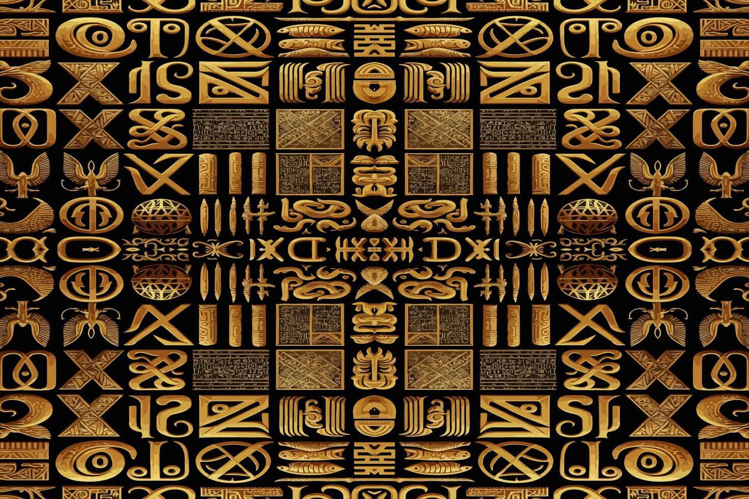 Egyptian hieroglyphs alphabet pattern golden background. Abstract traditional folk antique ...