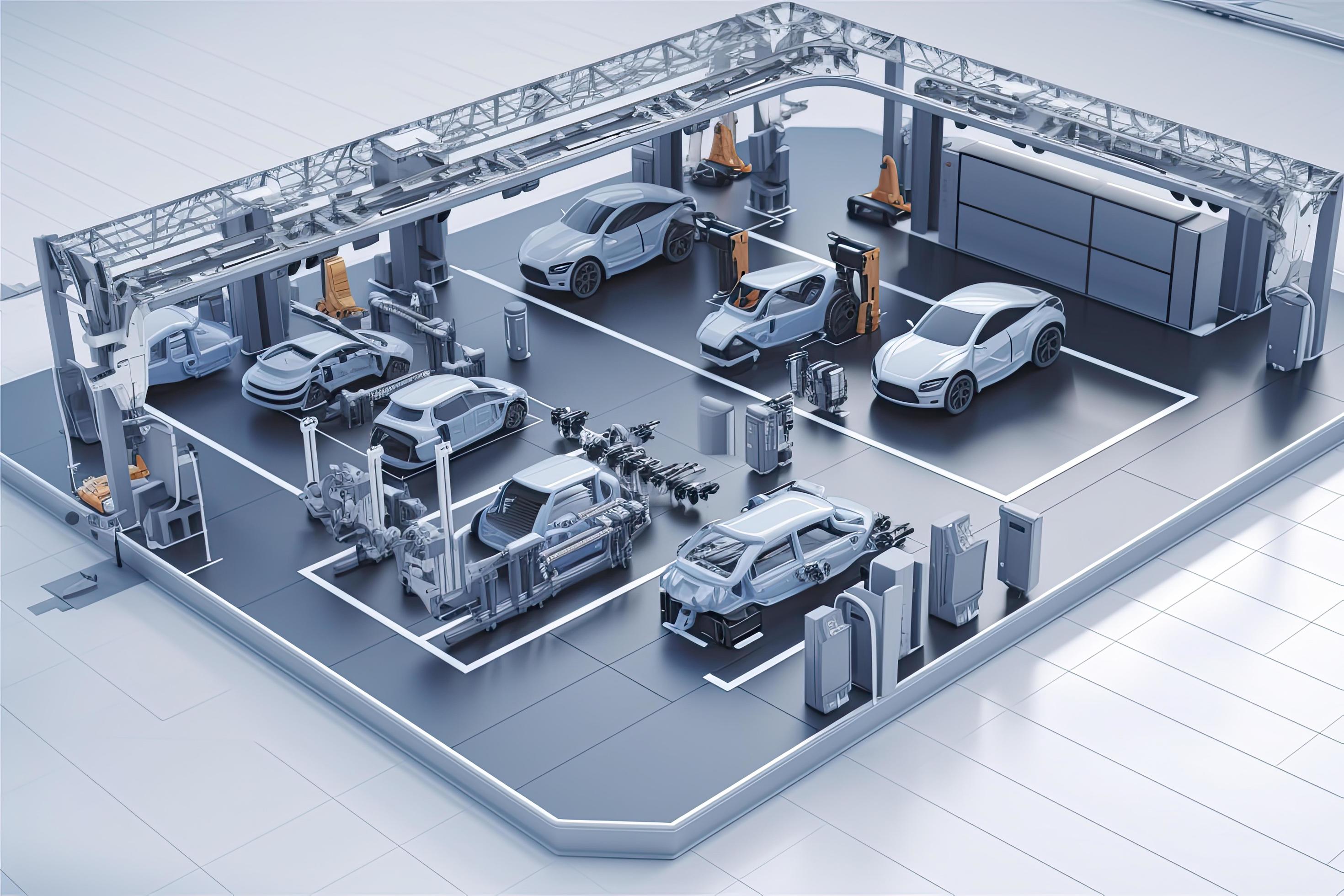 Automation Automobile Factory Concept With 3d Rendering Robot Assembly Line With Electric Car