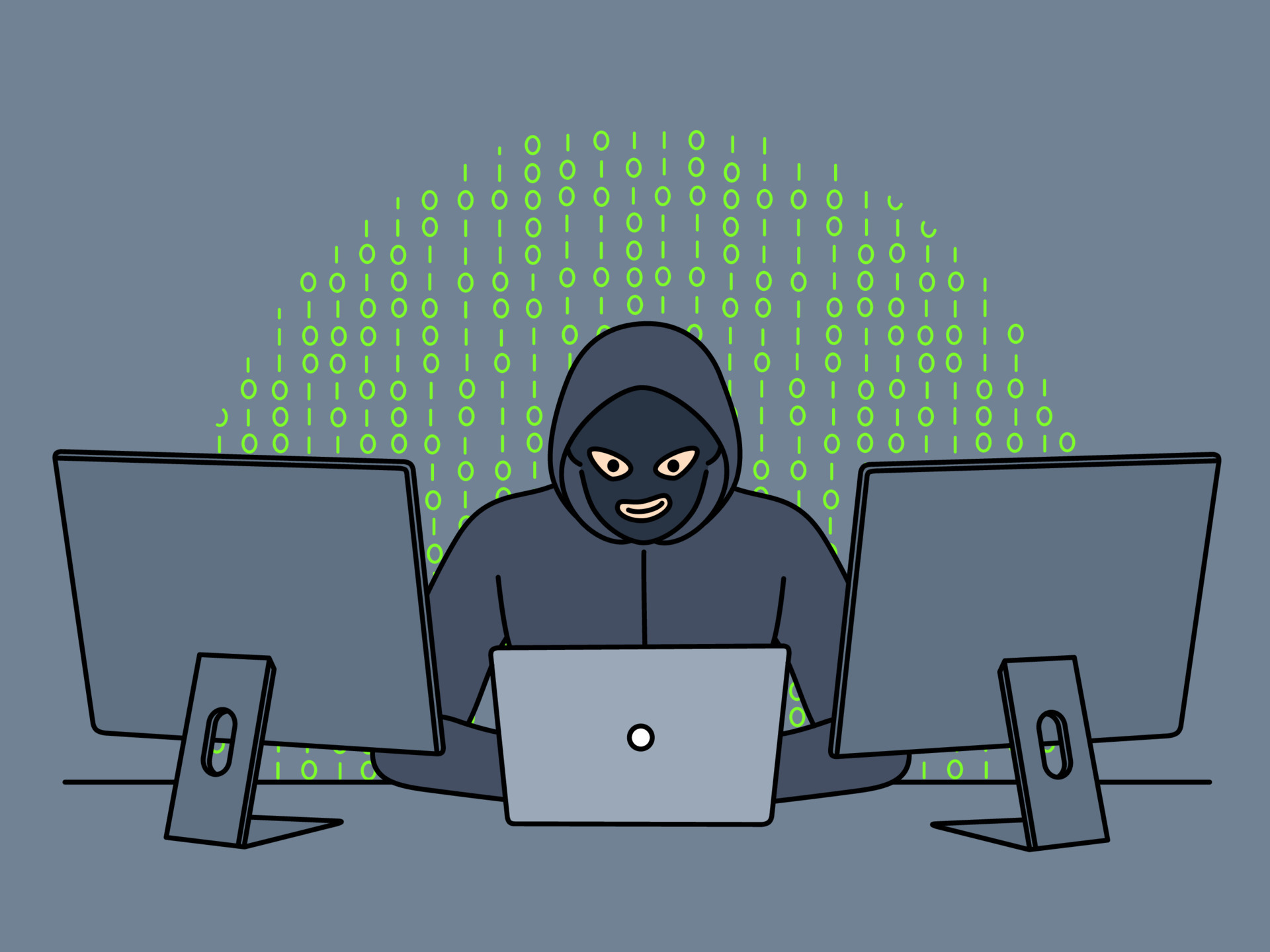 Male Hacker In Hoodie And Mask Sit At Table Work On Computers Steal Personal Information