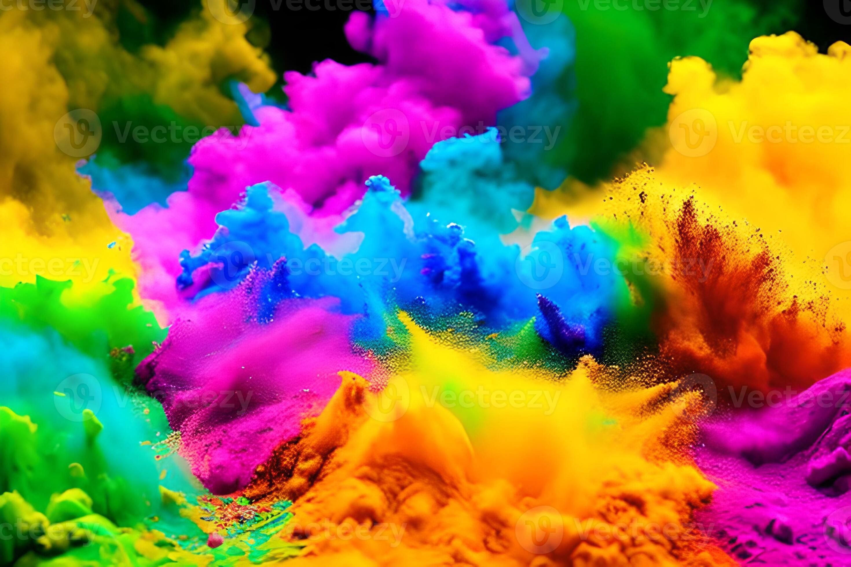 Explosion of colored powder abstract colored background. Multicolor splash of particles festival ...