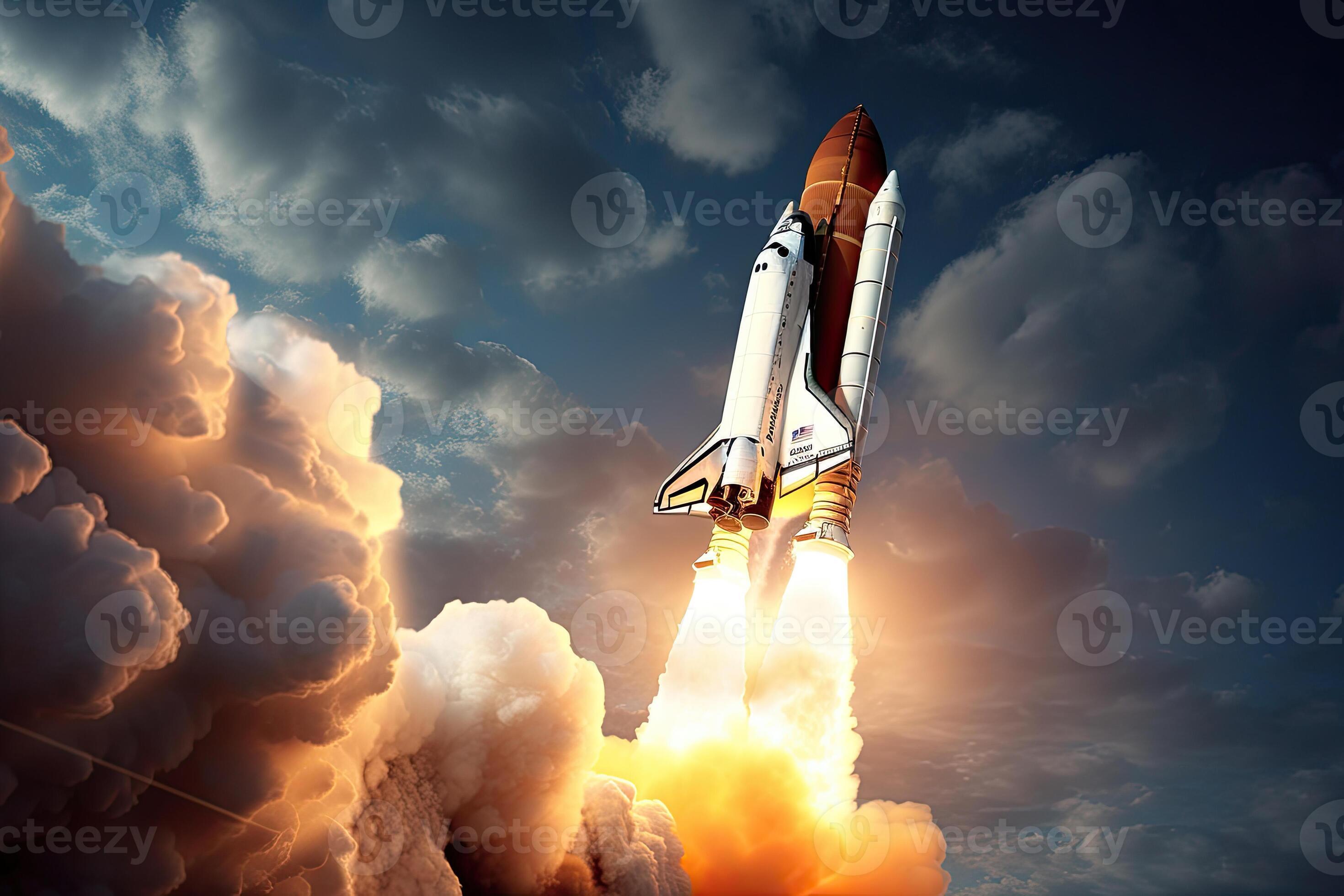 Rocket launch from cosmodrome. Fight of space rocket in blue sky. Space mission. Space Shuttle ...