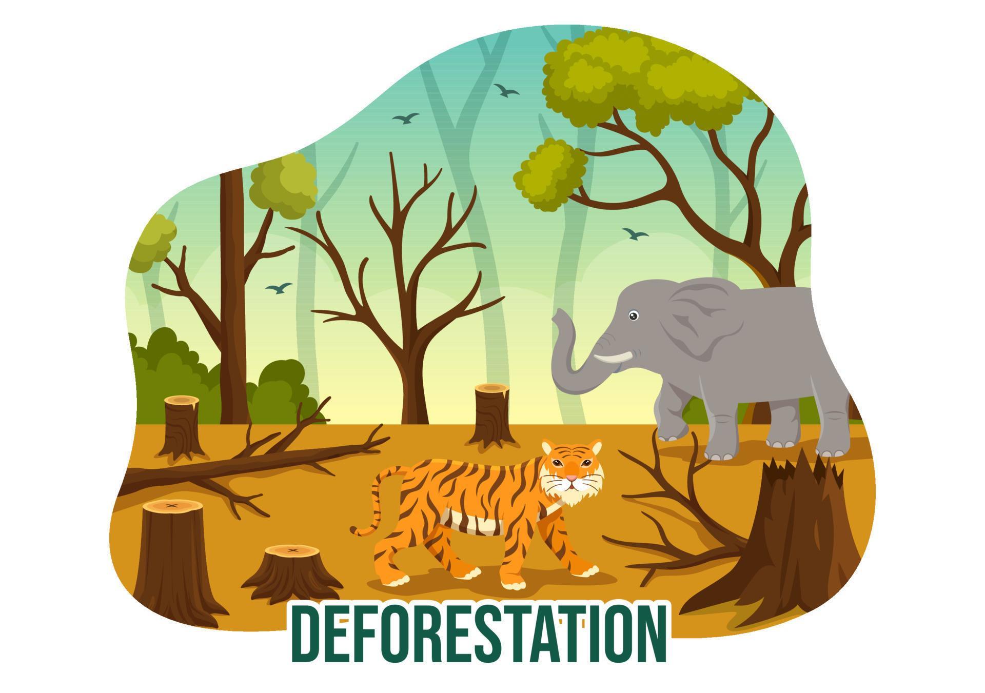 Deforestation Illustration with Tree in the Felled Forest and Burning Into Pollution Causing the ...