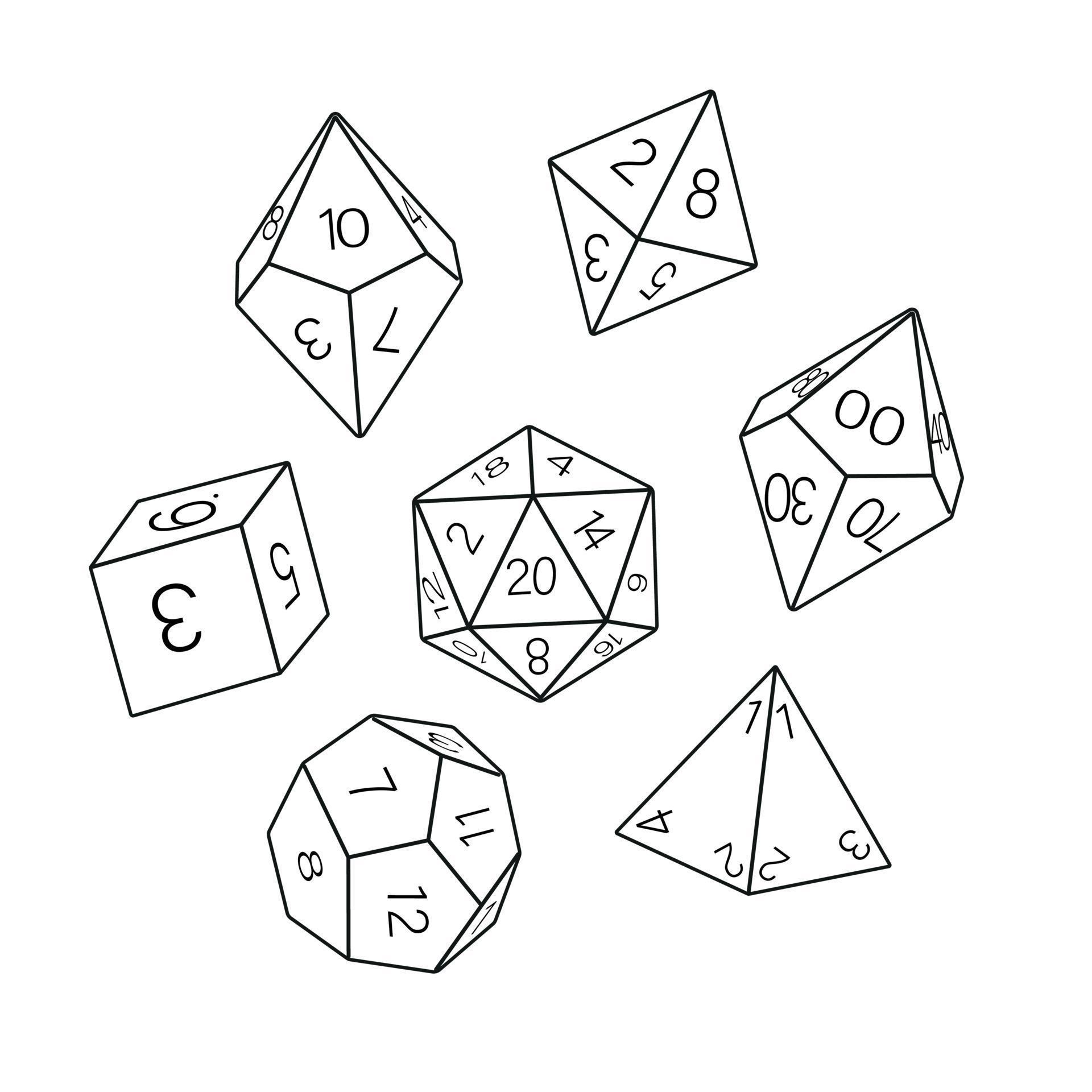 Black and white dice collection, hand drawn. D8 D10 D12 D20 Board game ...