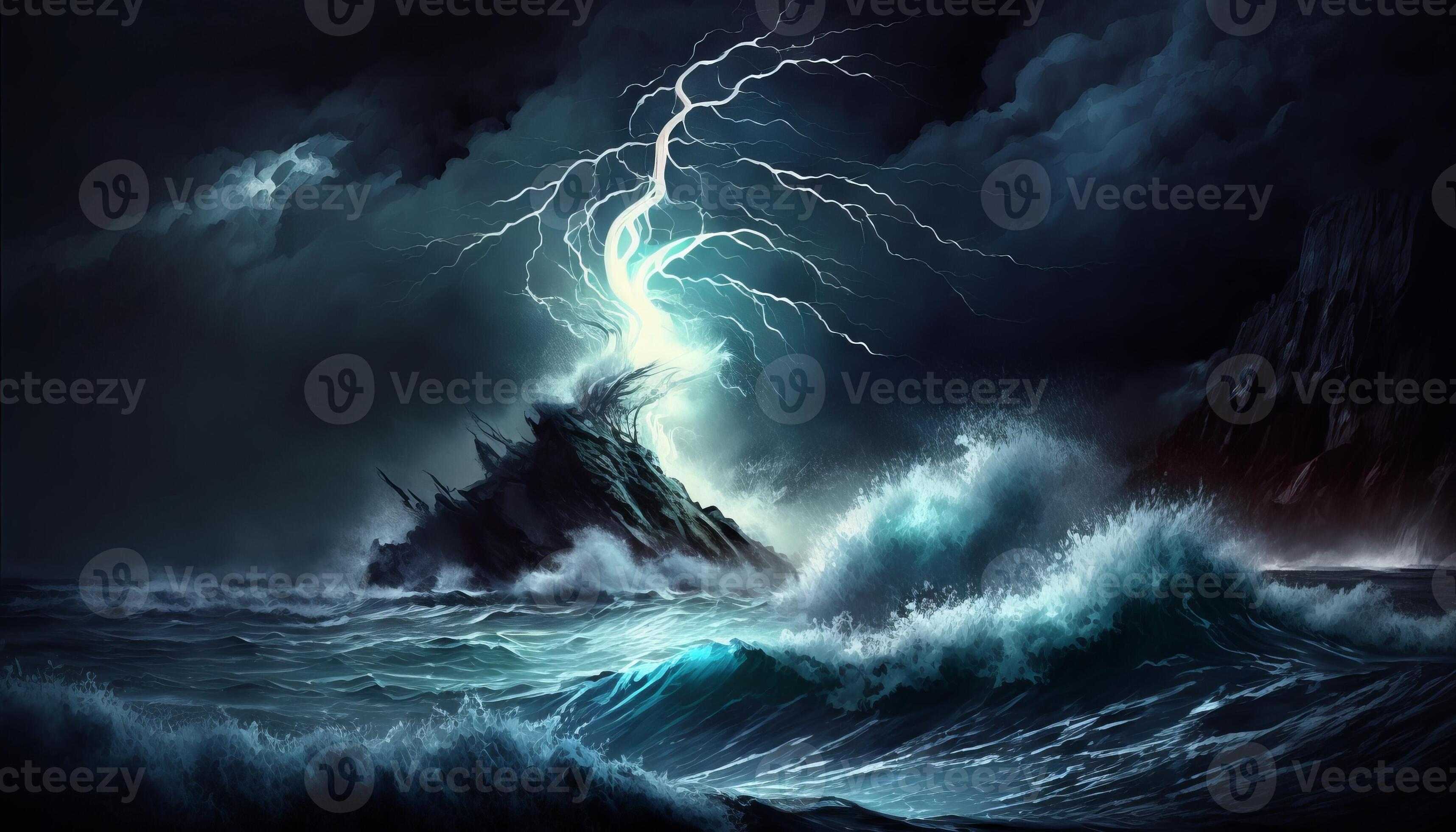 Bright lightning in a raging sea. A strong storm in the ocean. Big ... Bright lightning in a raging sea. A strong storm in the ocean. Big ...