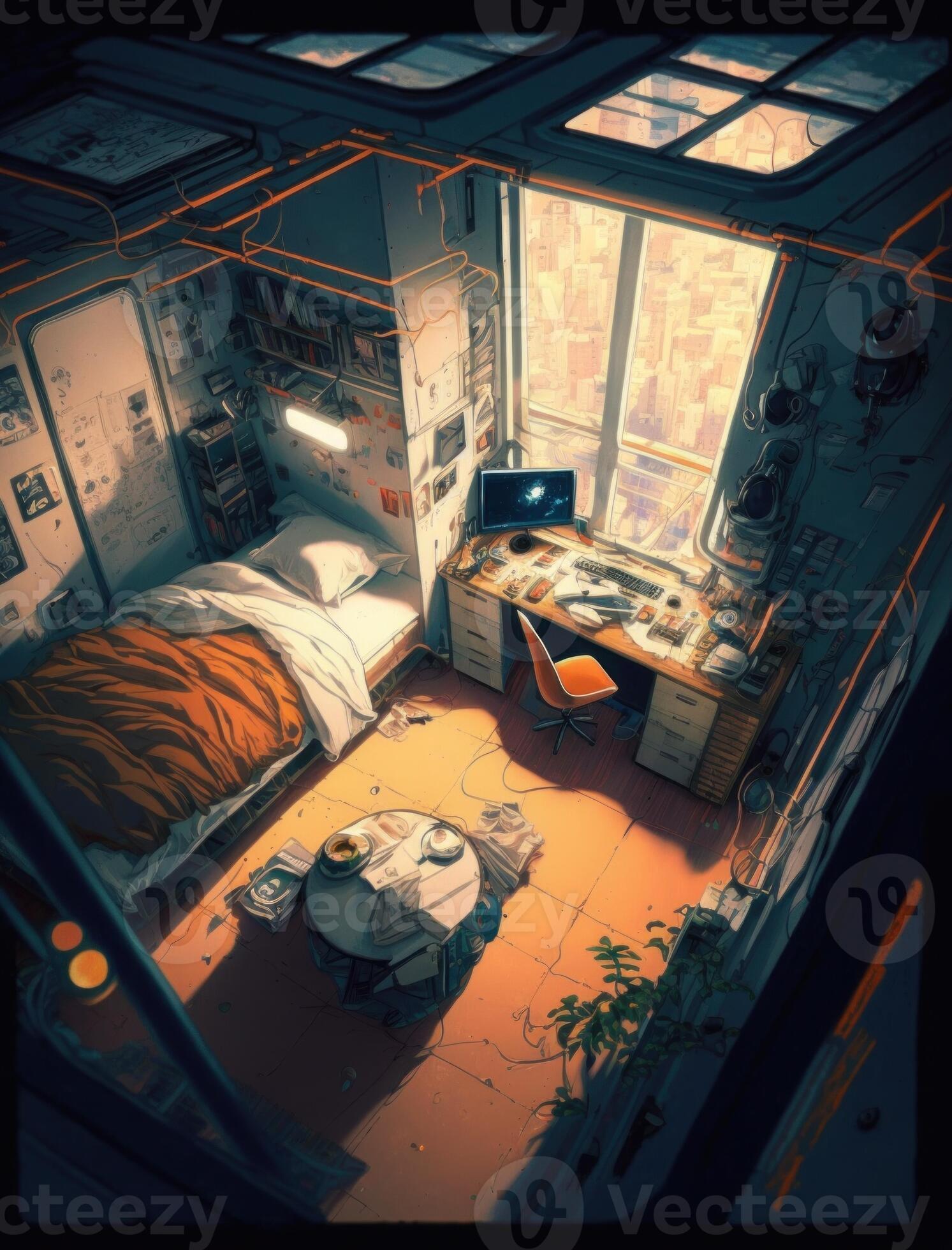 Illustration cartoon design of a crowded astronaut's sitting bedroom in ...