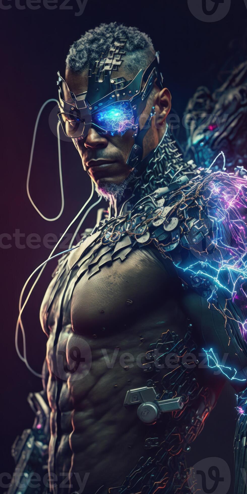 Portrait of a young cyborg man with futuristic color metal virtual reality glasses, cyborg man ...