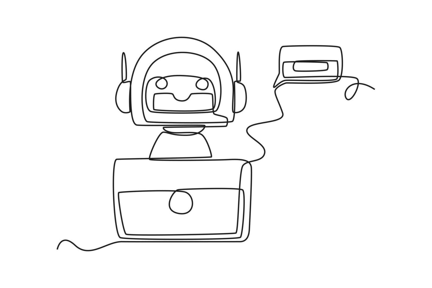 Single one-line drawing robot carries out a conversation using a laptop. Chatbot concept ...