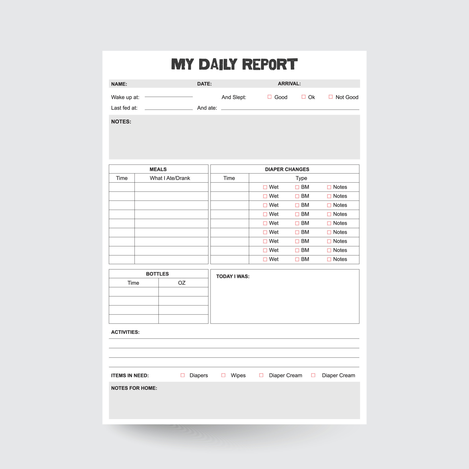 Care Daily Report Toddler