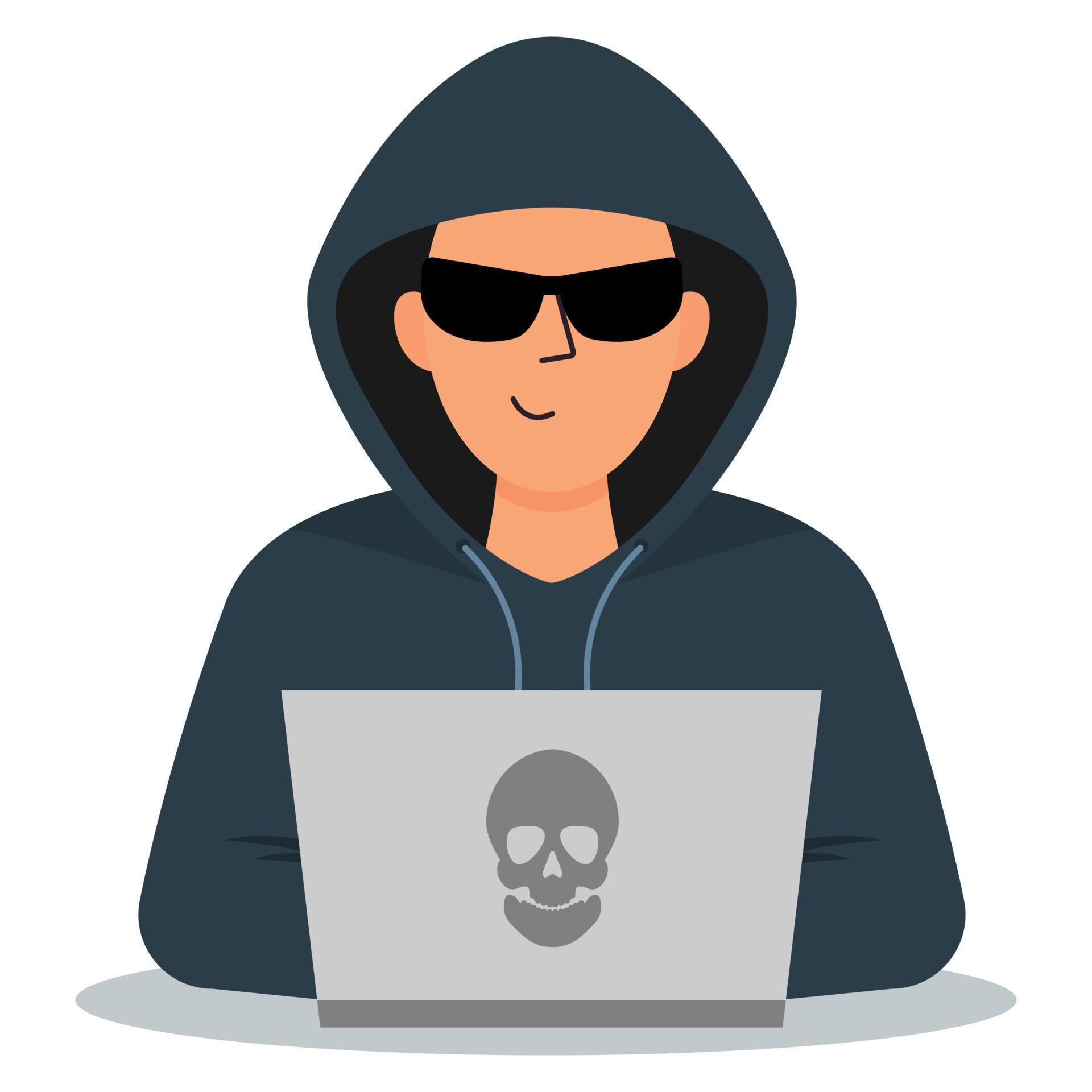 Hacker in a hood and black glasses with a laptop. Network hacking ...