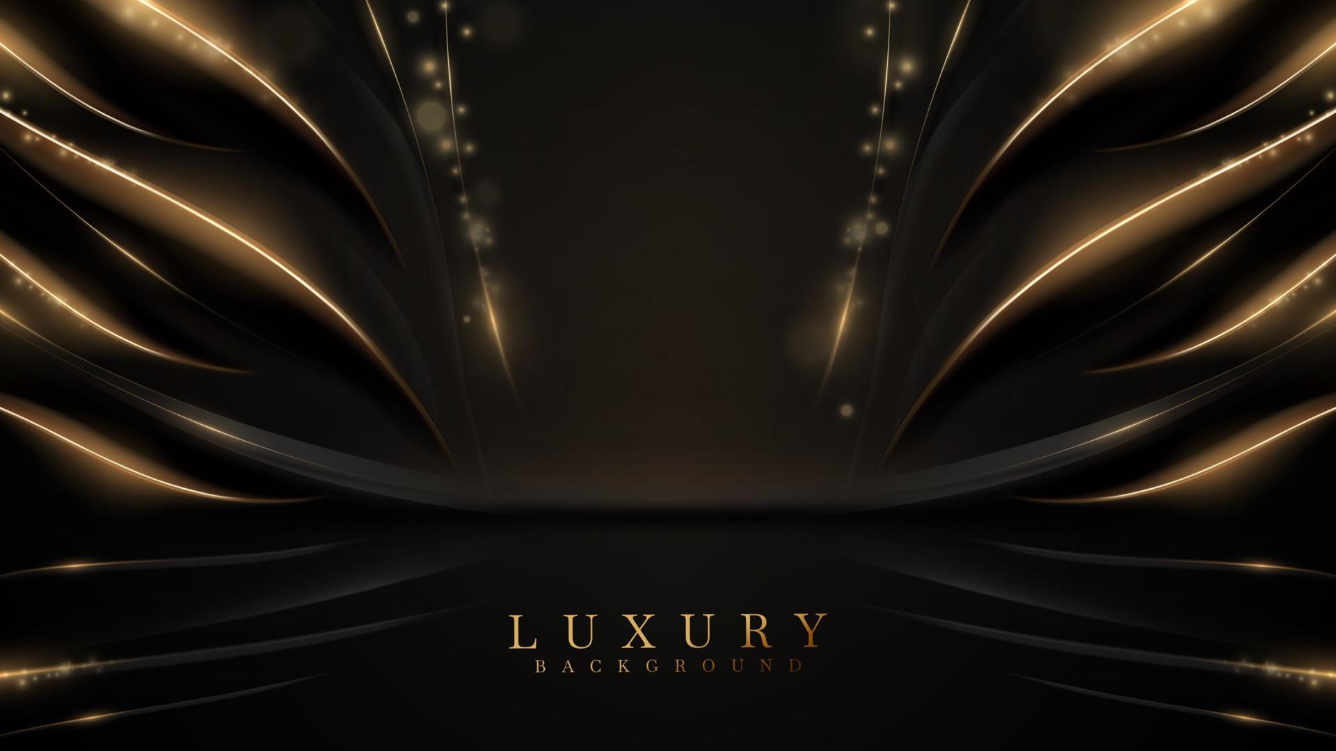 Black luxury background with golden line elements and light ray effect decoration and bokeh ...
