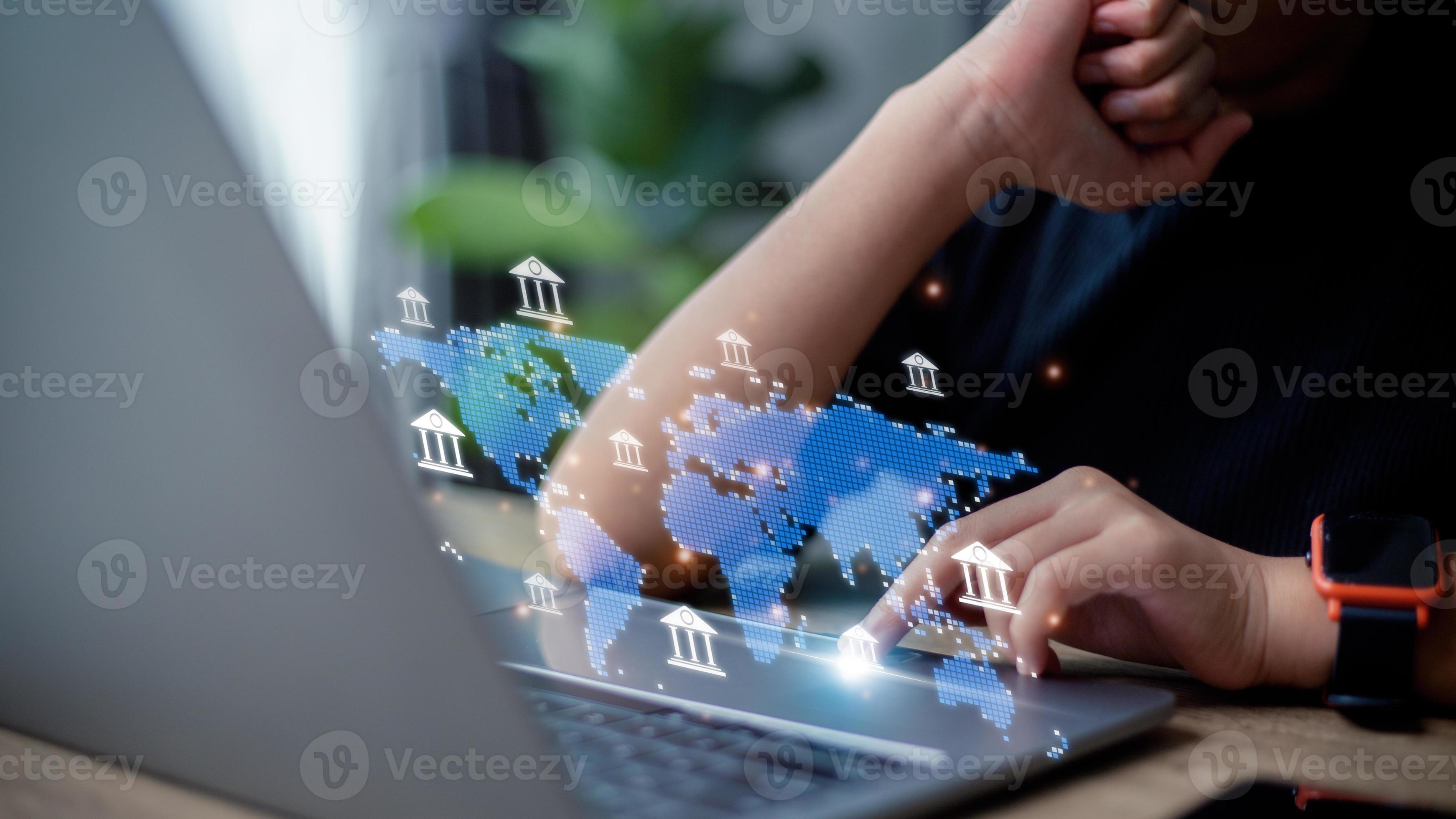 en línea bancario interbancario pago concepto. mujer utilizar ordenador portátil ordenadores ...