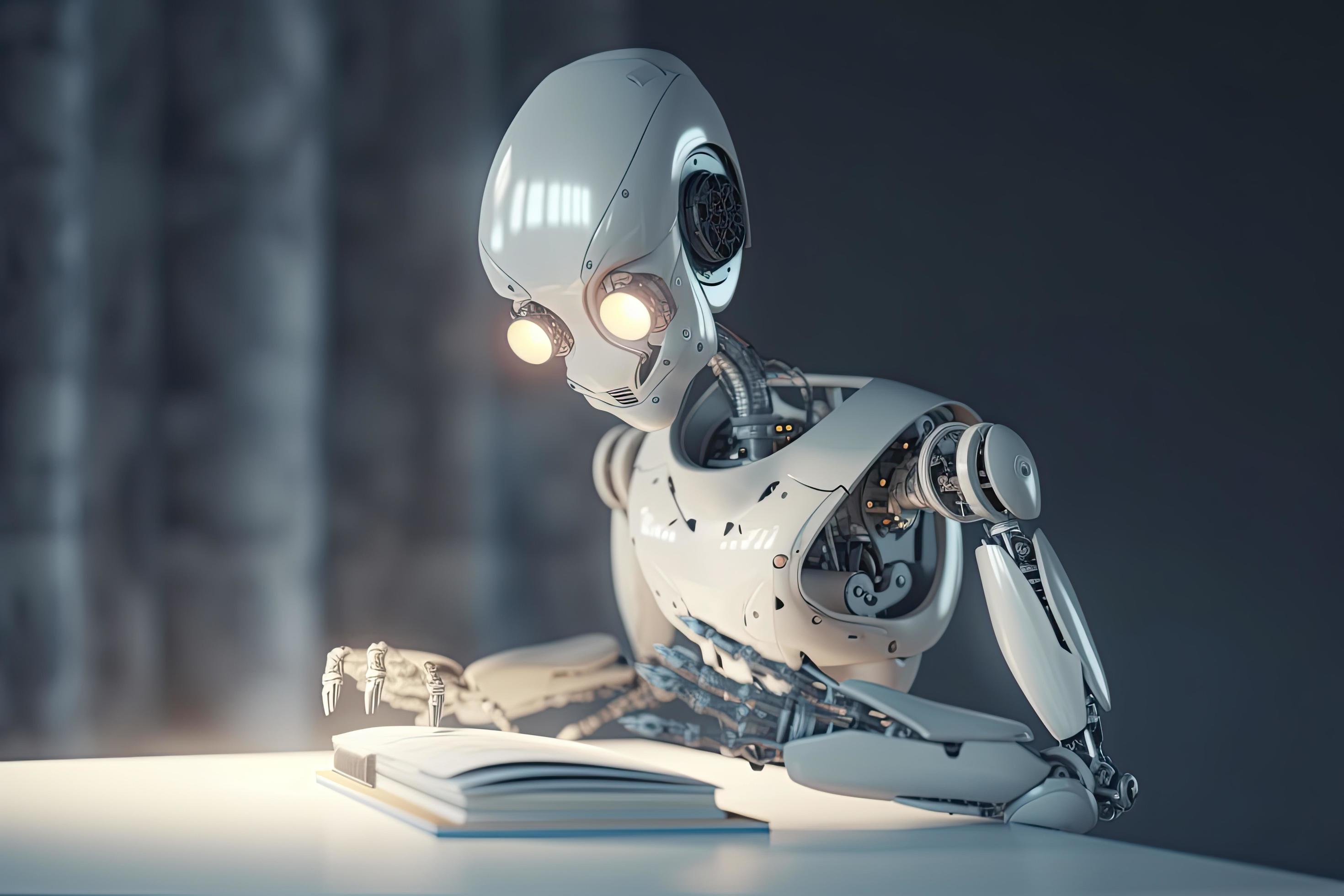 Robot exploring new bit of information and reading book. Concept of ...