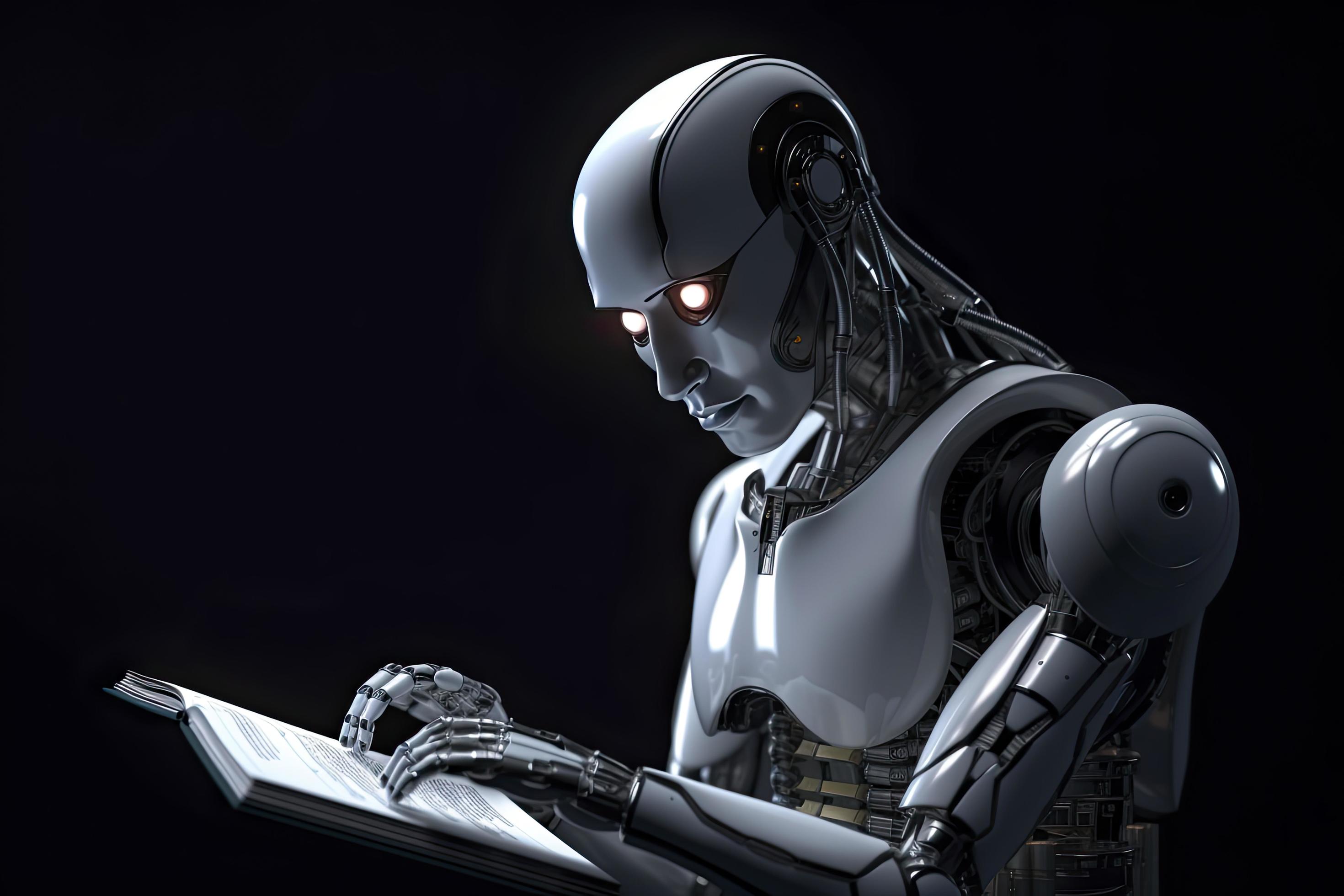 Robot exploring new bit of information and reading book. Concept of ...