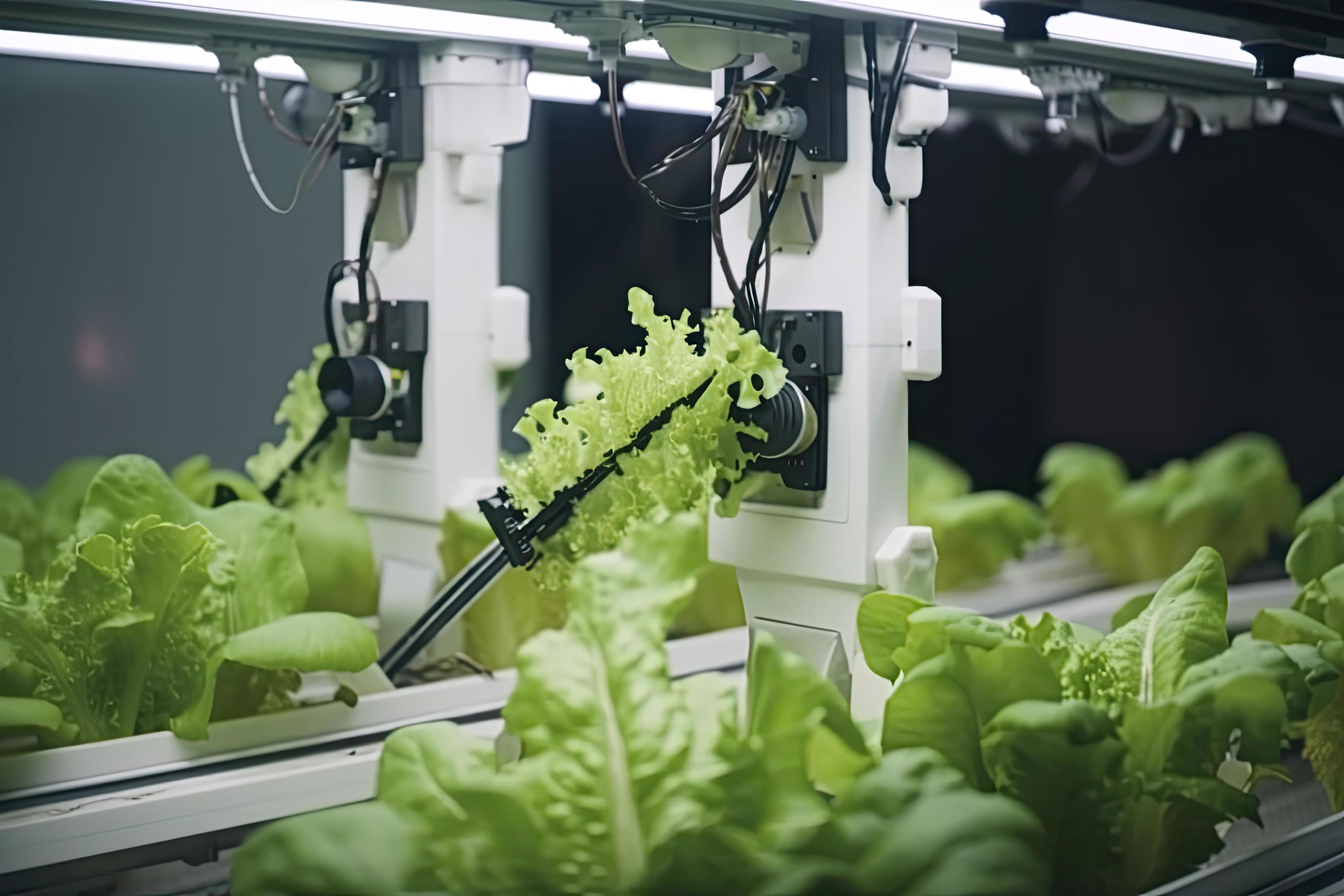 Automatic Agricultural Technology With Close-up View Of Robotic Arm Harvesting Lettuce In ...