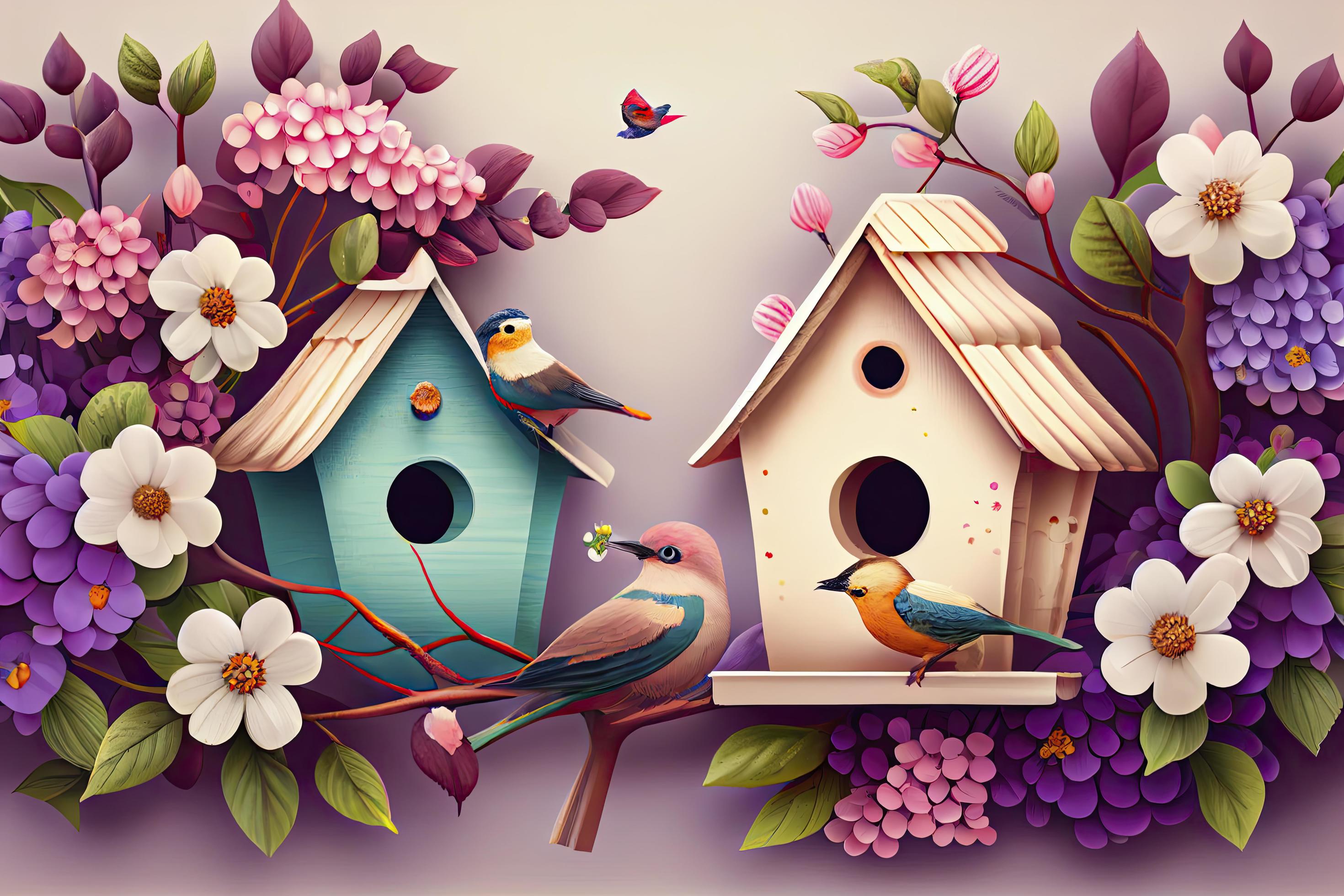 Beautiful Spring background with bird houses, birds and flowers ...