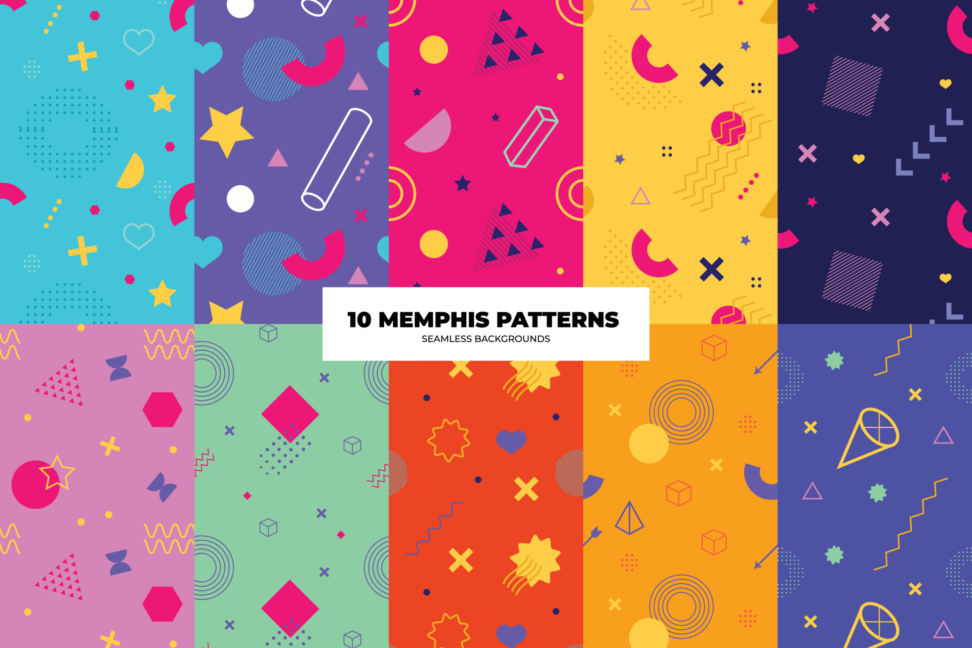 Set of Memphis Pattern. Red, Blue, Yellow Colors. Memphis Style Funky ...