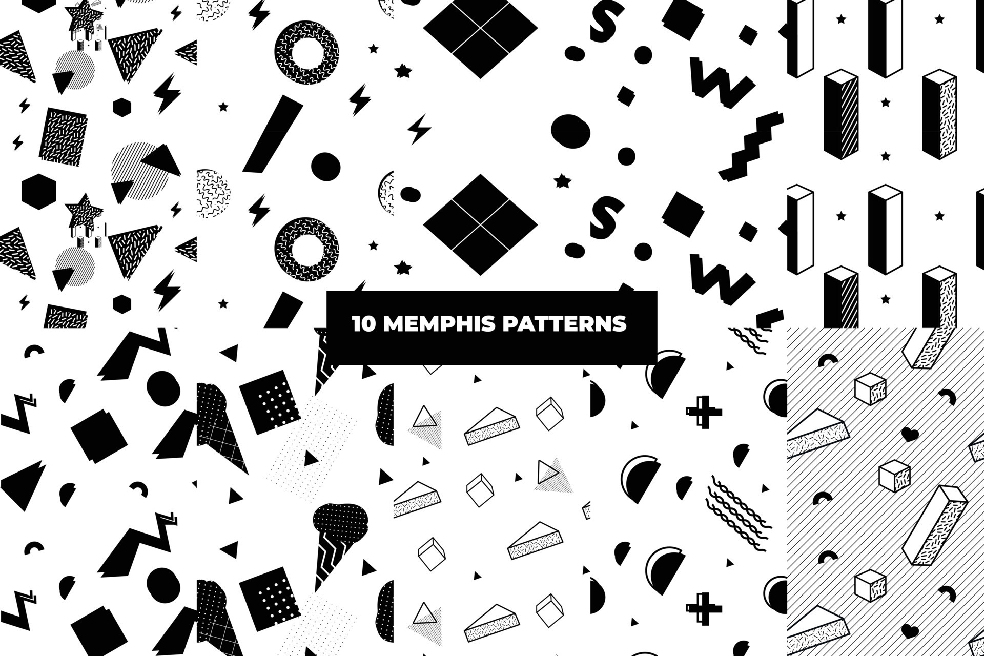 Set of Memphis Pattern. Black, white, grey colors. Memphis Style Funky ...