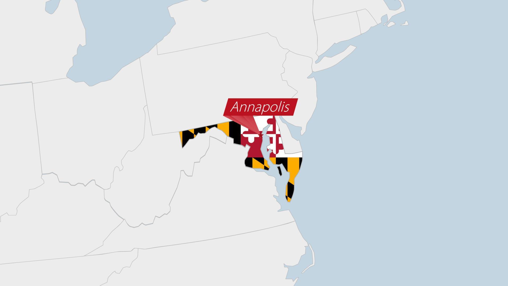 US State Maryland map highlighted in Maryland flag colors and pin of country capital Annapolis ...