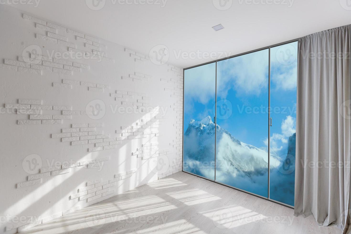 Empty room interior with floor to ceiling windows and scenic view ...