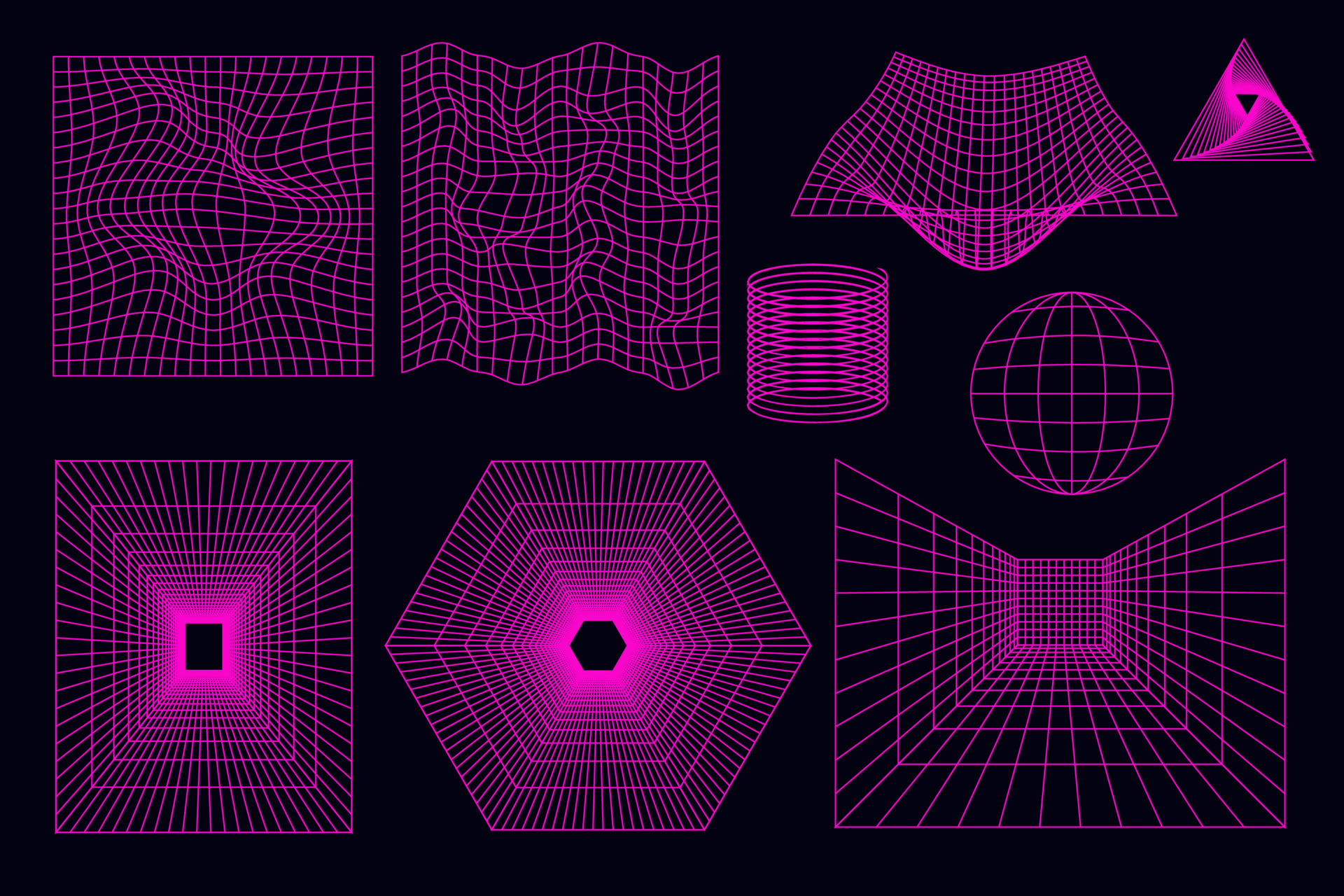 Geometric wireframe shapes and grids in neon pink. 3D abstract ...
