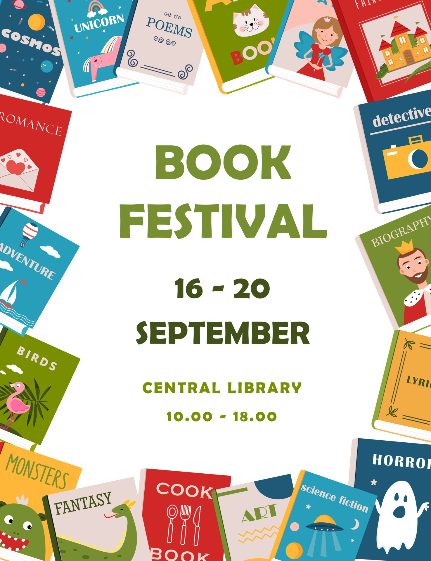 Book festival poster for advertising. Vertical poster for book fair with different books ...
