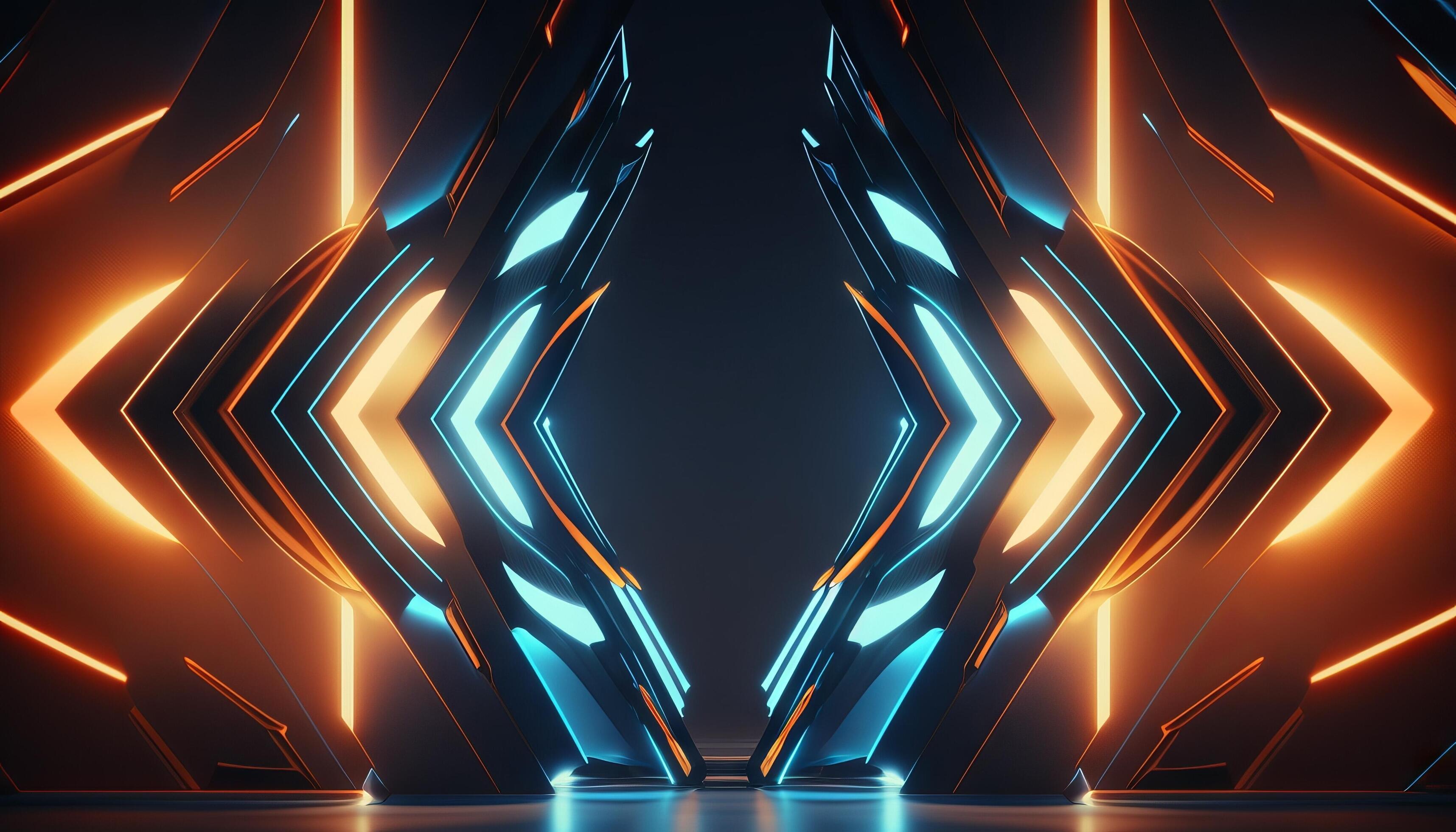 Rendering abstract futuristic background with glowing neon blue and ...