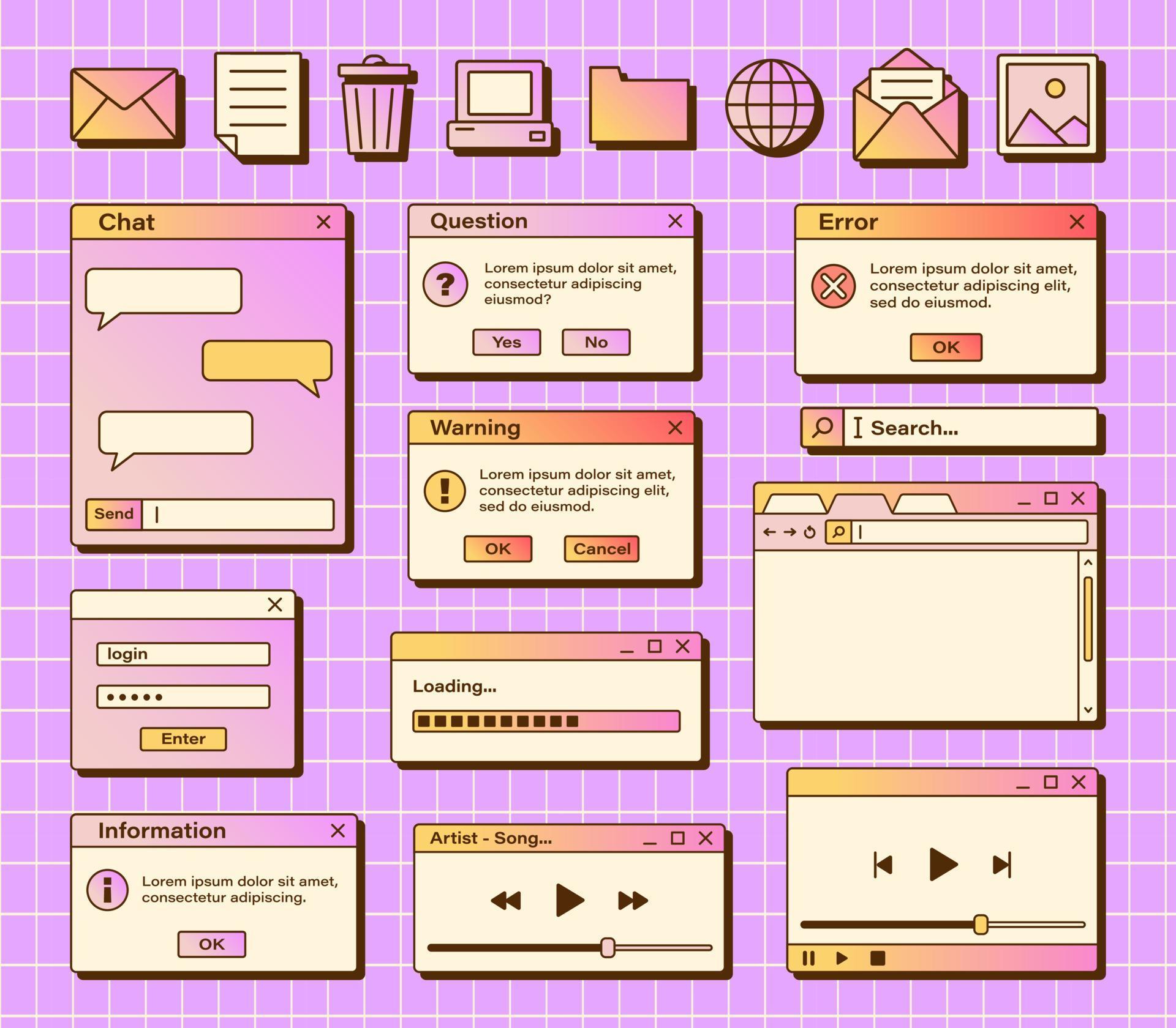Vector set of retro vaporwave computer interface. Gradient browser and ...
