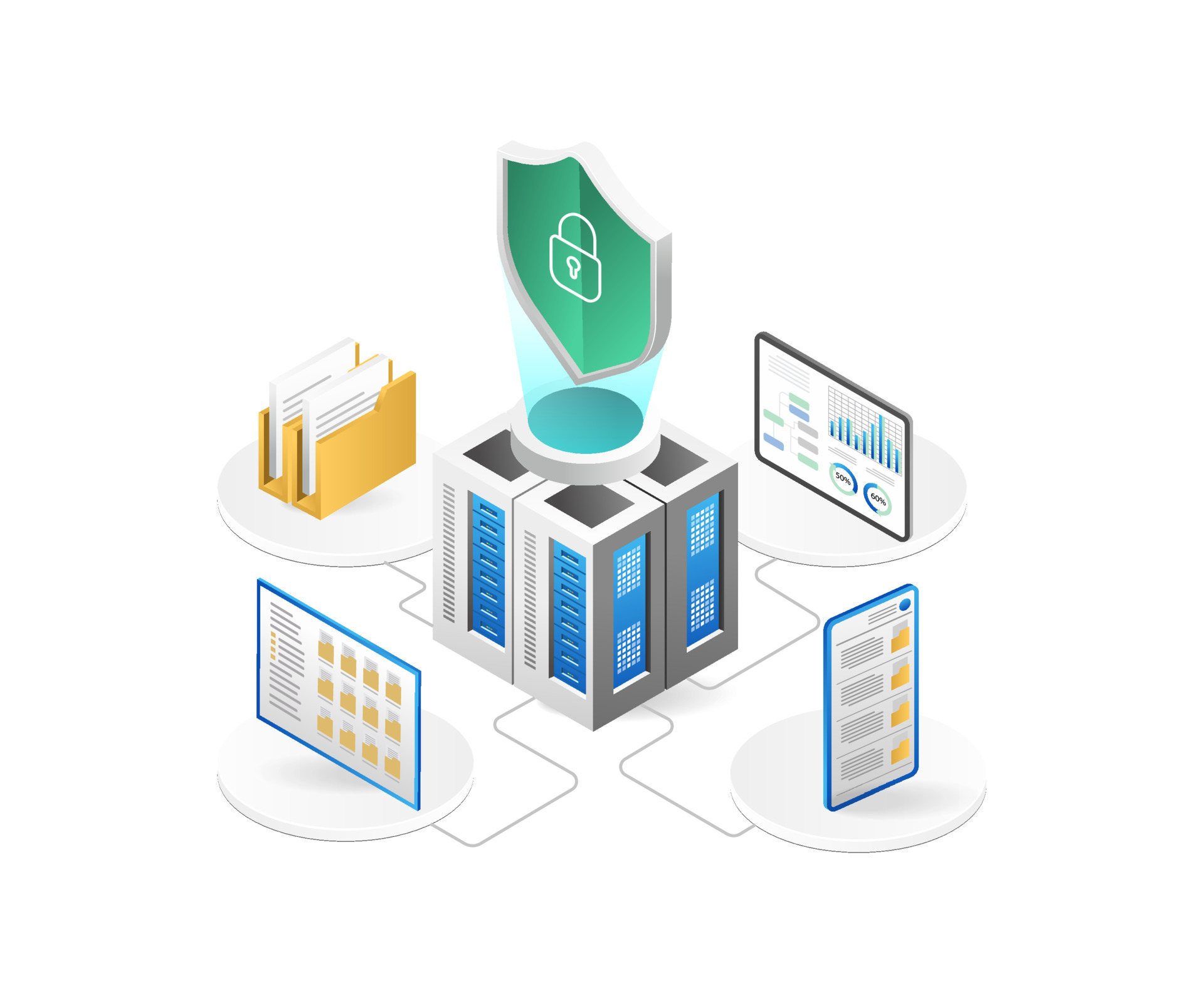 Data Protection Isometric Concept Server Room With Shield And Data Security Icons Vector