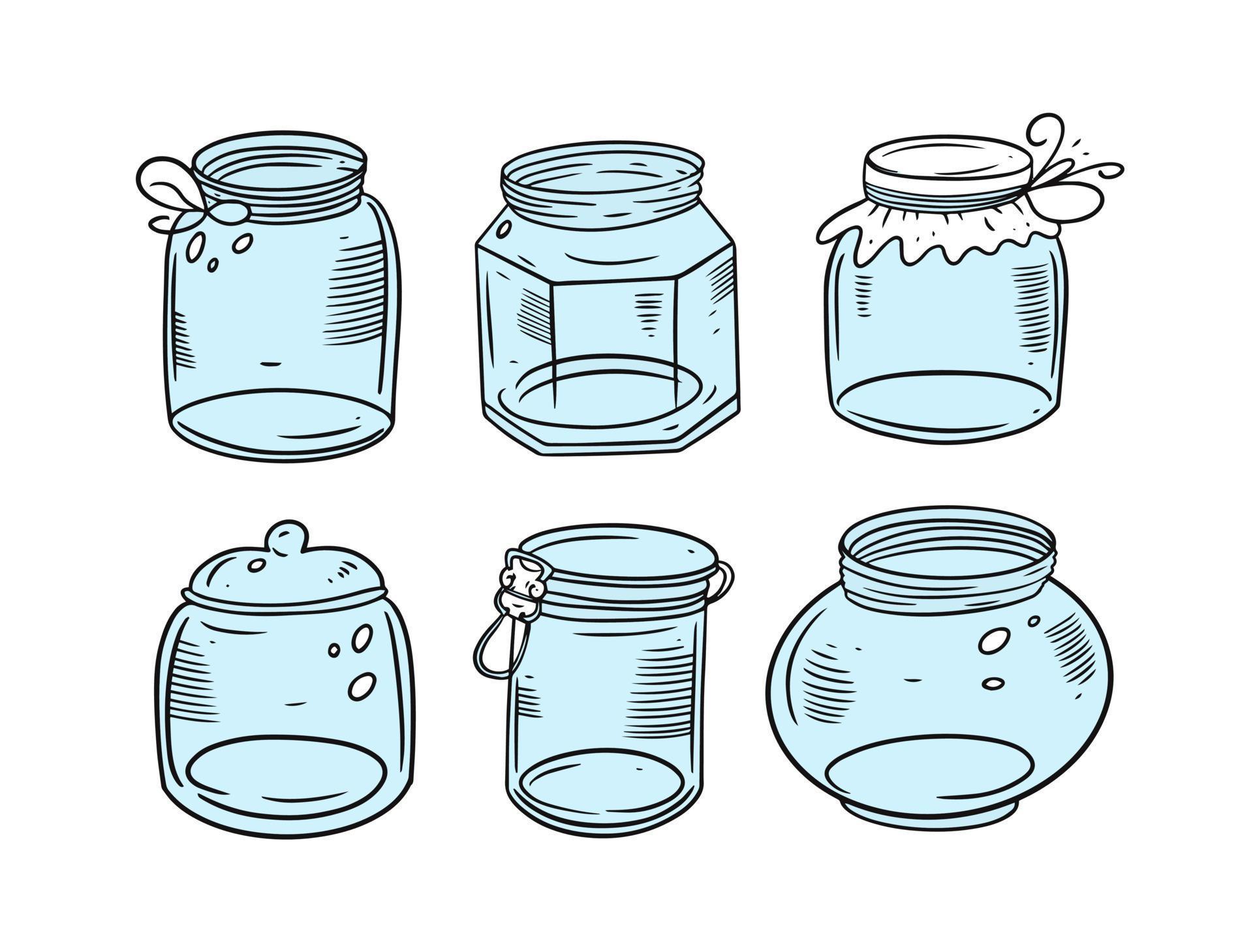 Colorful six jars. Hand drawing vector illustration. Outline sketch ...