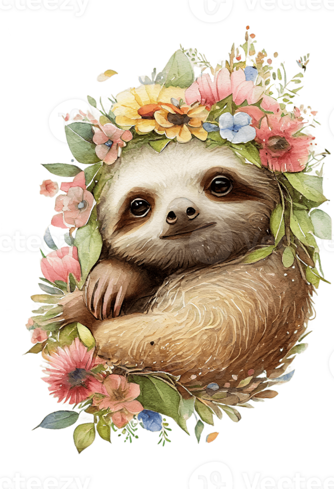 Watercolor cute hand drawn sloth, Sloth in floral wreath, flowers ... Watercolor cute hand drawn sloth, Sloth in floral wreath, flowers ...