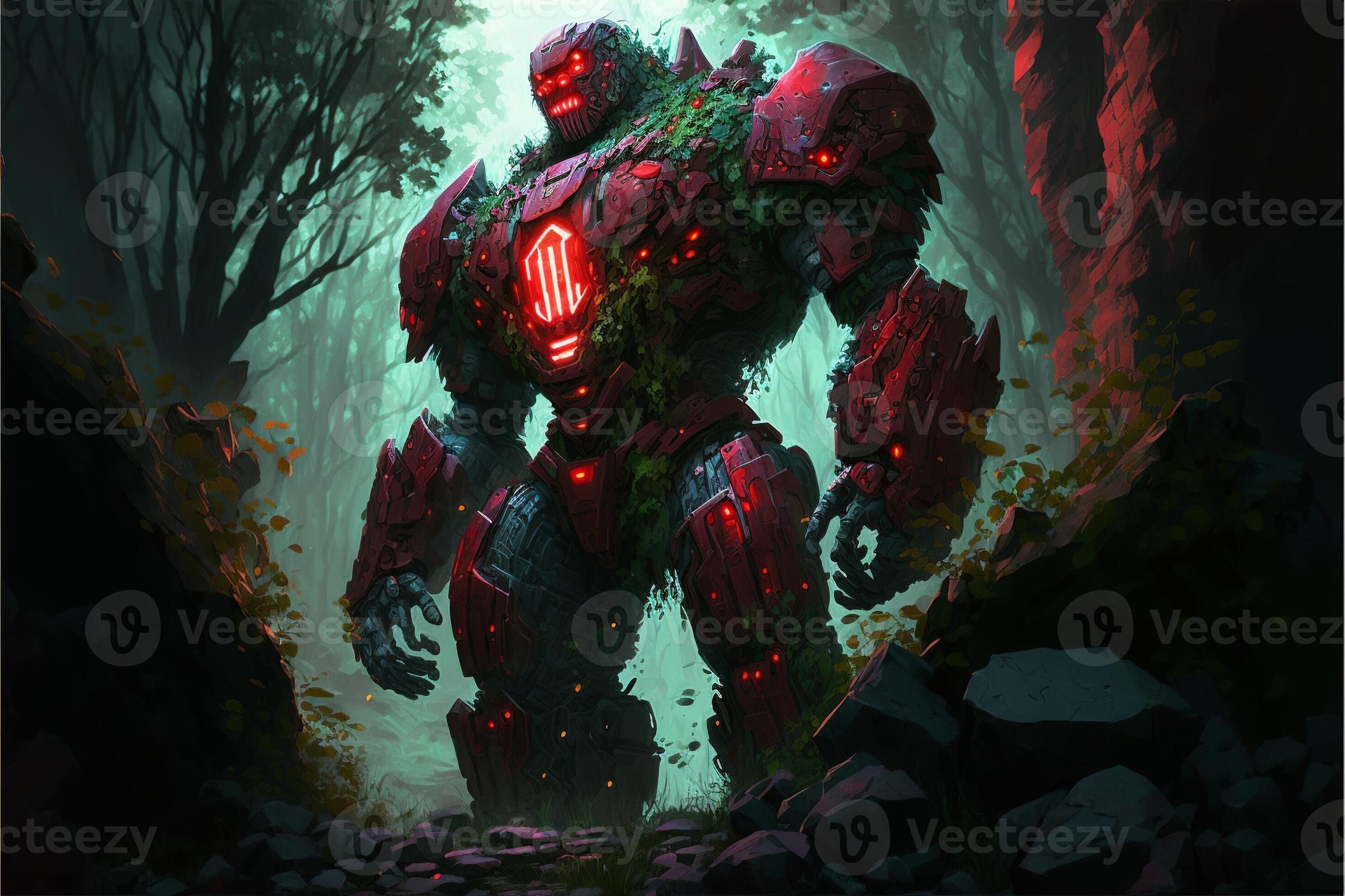 Giant stone golem in the middle in the forest, green fog. Generative AI ... Giant stone golem in the middle in the forest, green fog. Generative AI ...