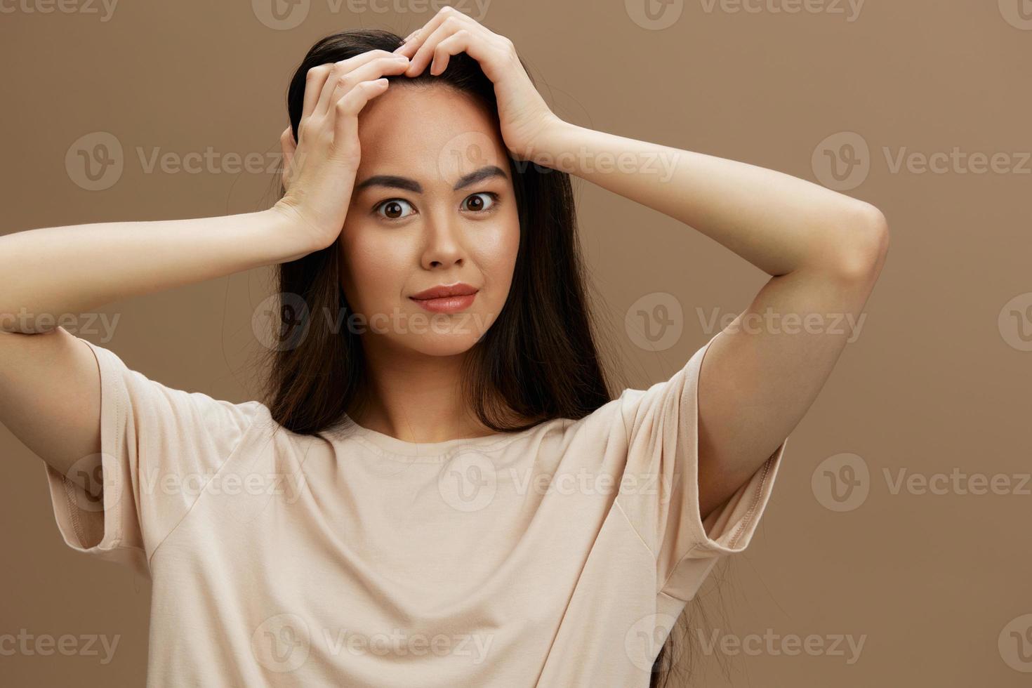 Young Woman T Shirt Posing Modern Styles Cosmetics Beige Background