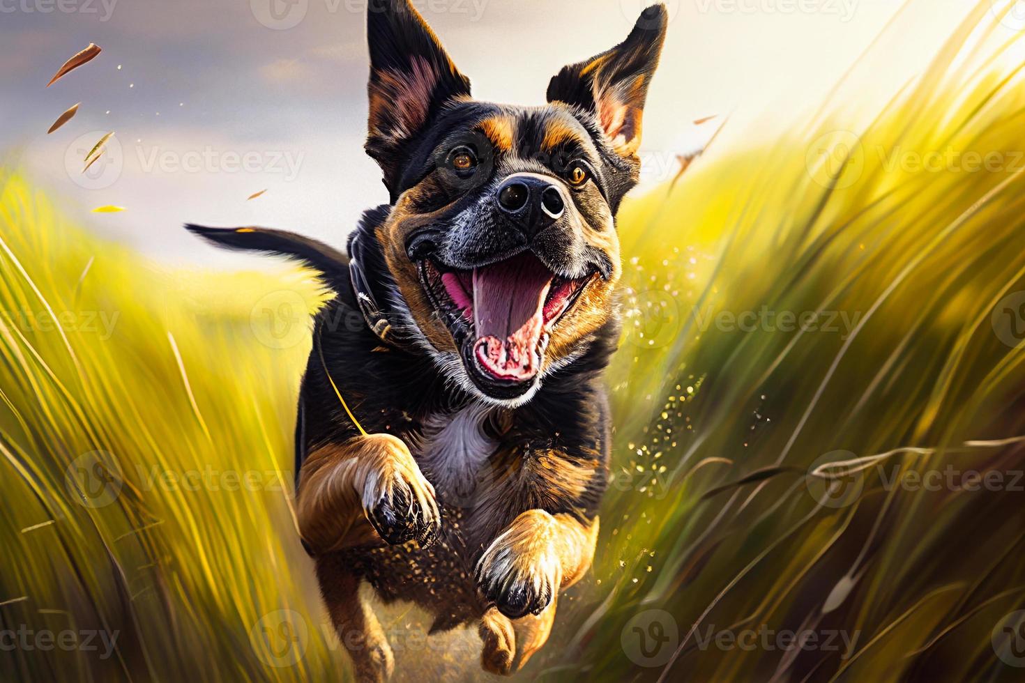 active cute happy Dog running mascot illustration on green background art in cartoon style AI ...