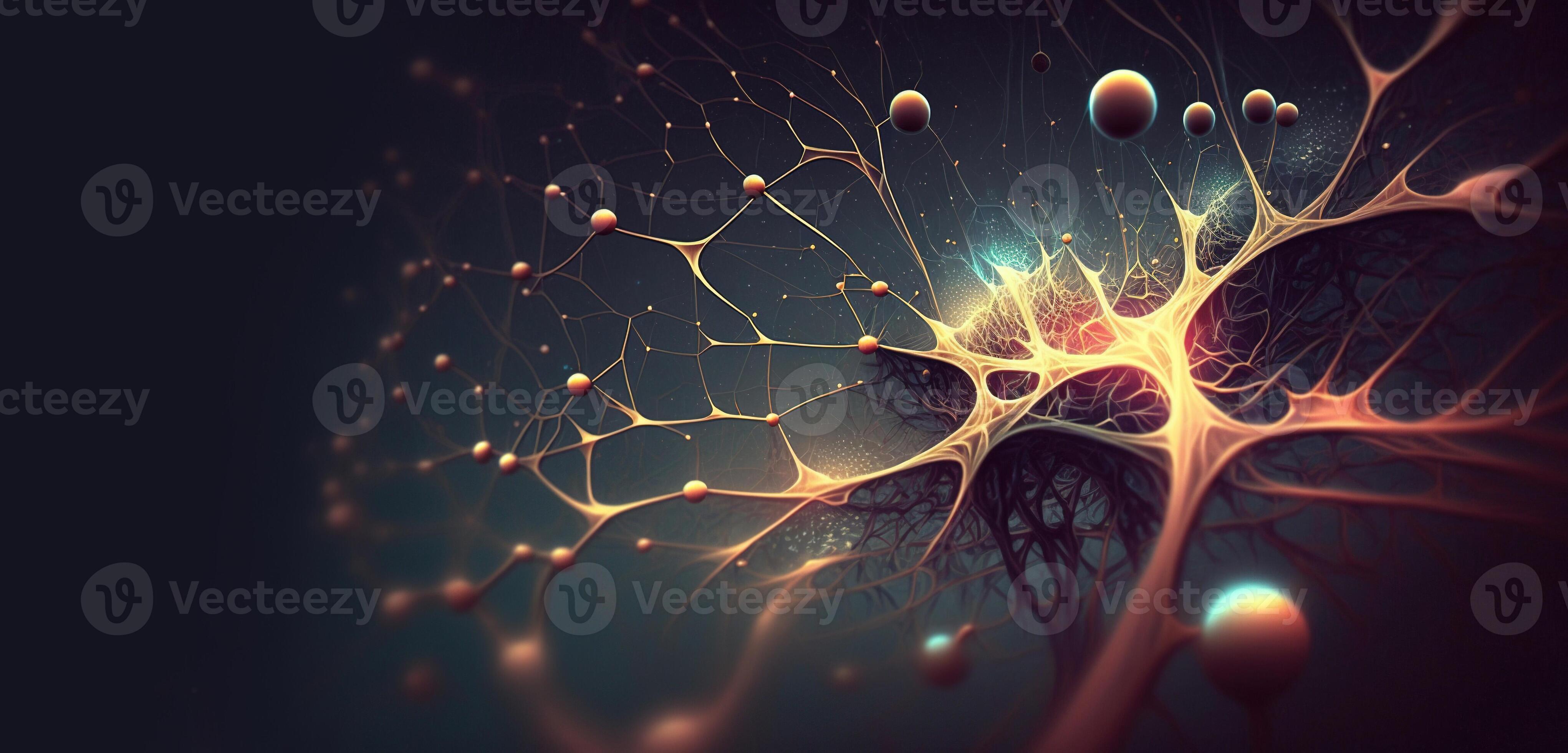 , Conceptual illustration of neuron cells with glowing link knots in abstract dark space, high ...