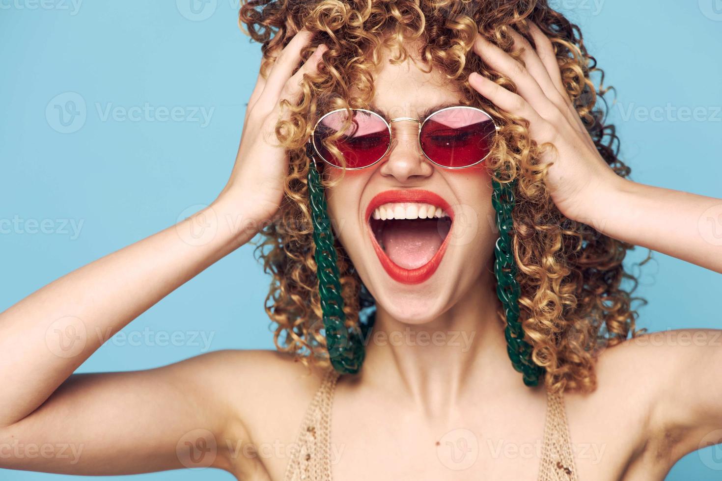 Cheerful Woman Emotions Hold On To Curly Hair Open Mouth Sunglasses
