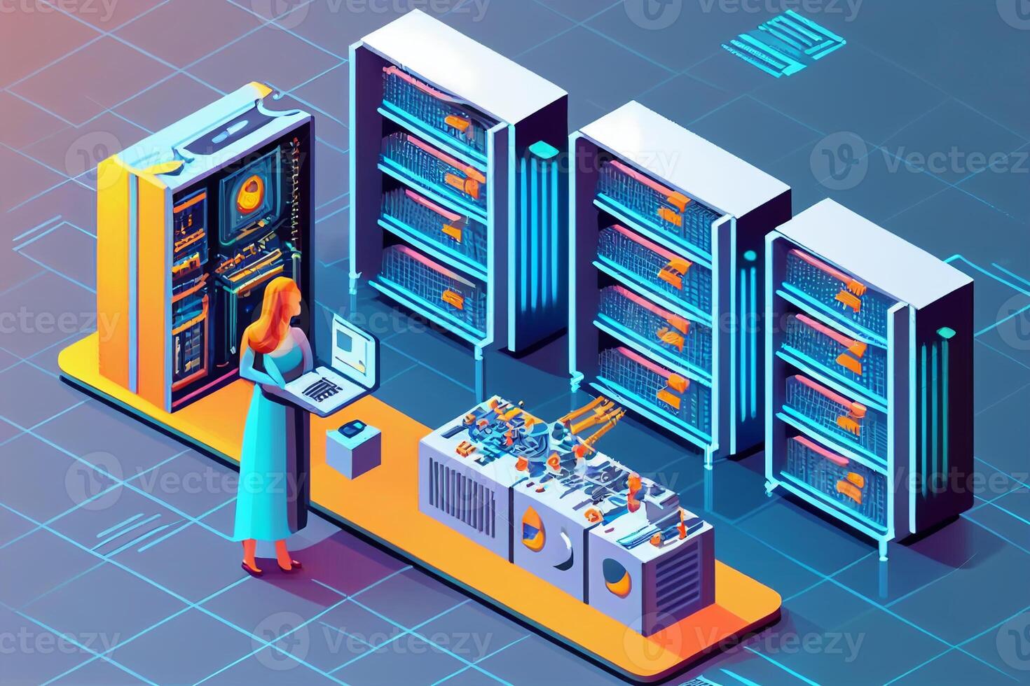 Isometric big data center concept with big data processing and storage of information ...