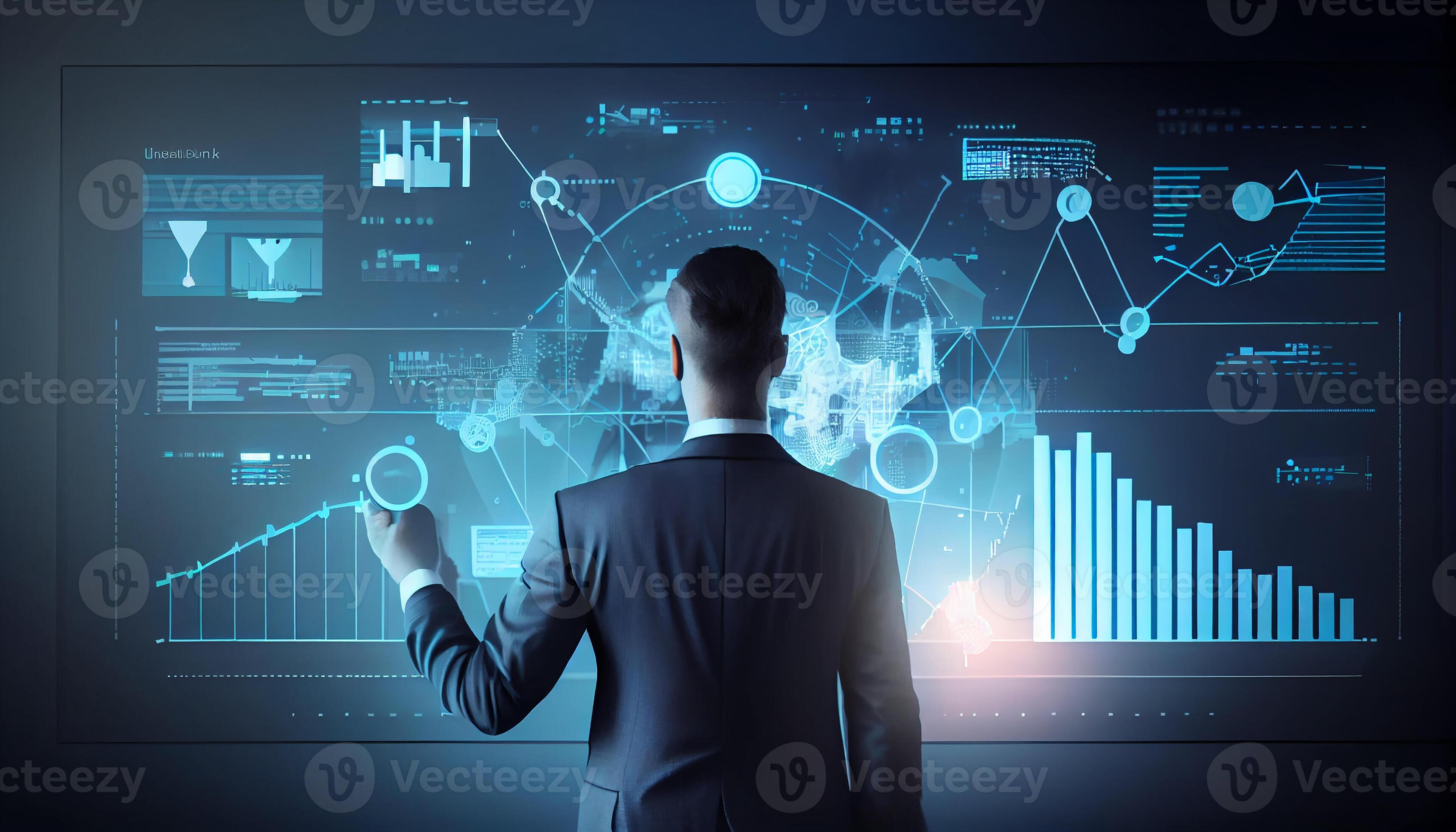 Back view of analyst working in Businessman Line chart realistic Image ...
