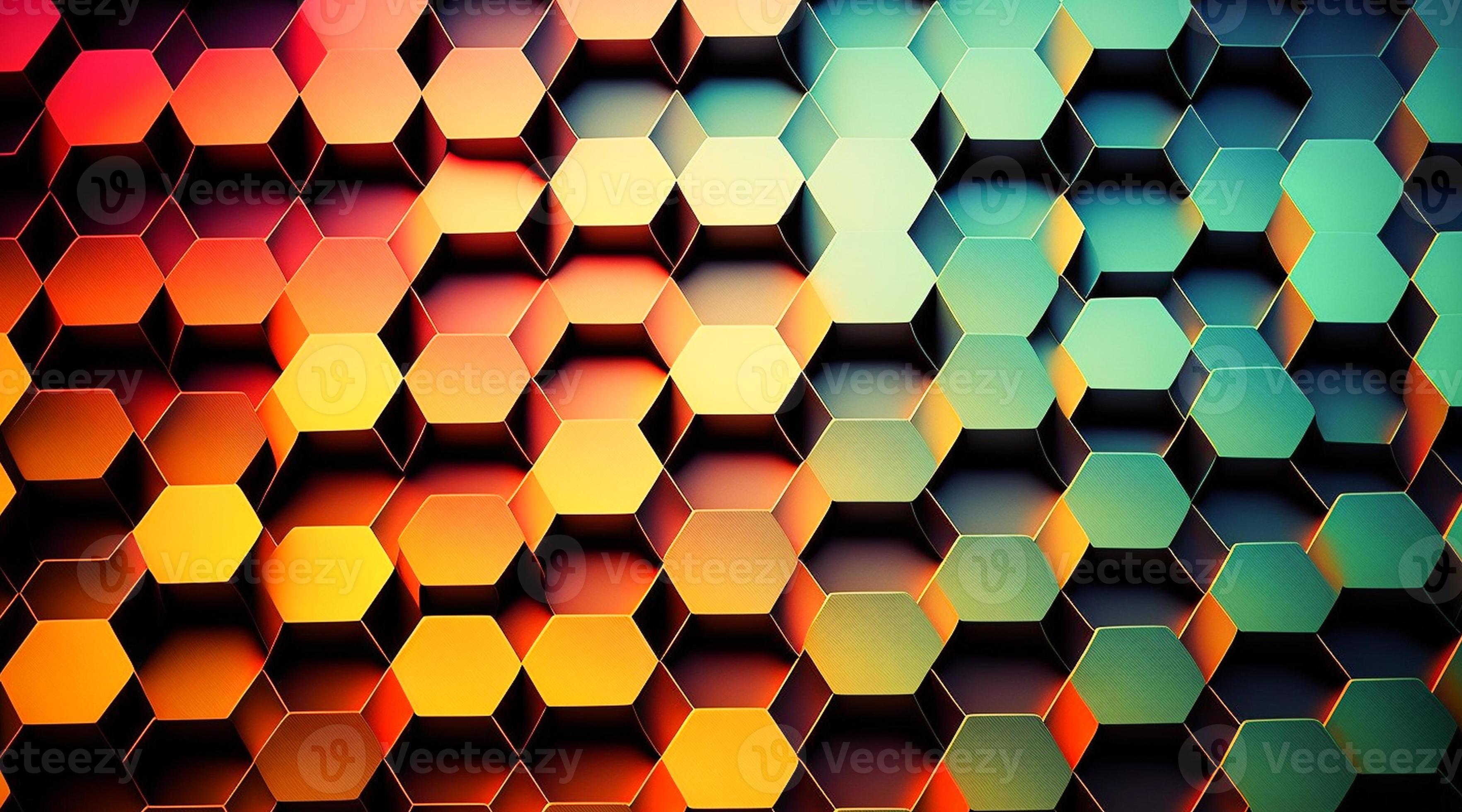 Realistic 3d render, abstract art colorful hexagon background. Neon color with hexagonal frame ...