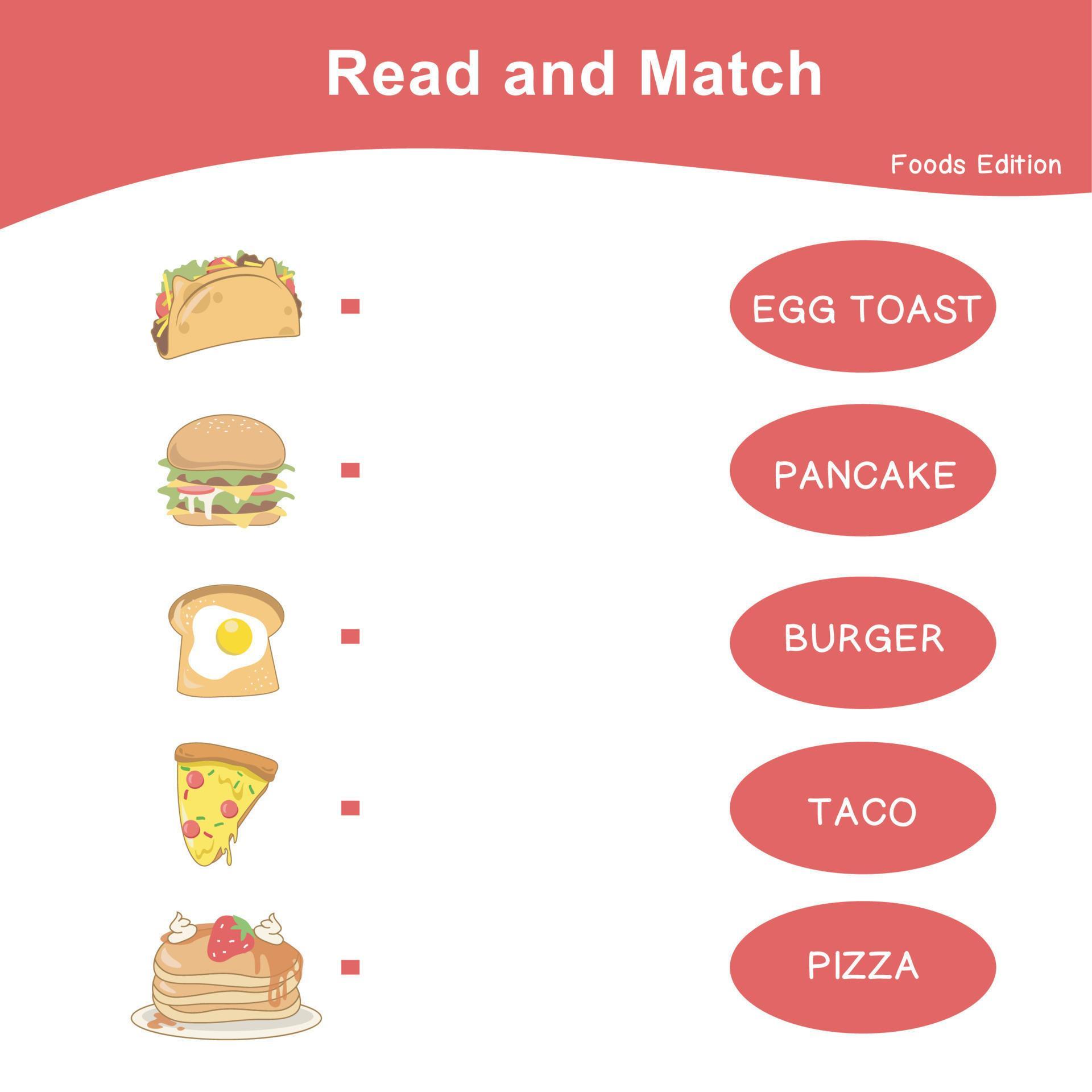 Read and match food worksheet game. Cute kawaii foods matching ...