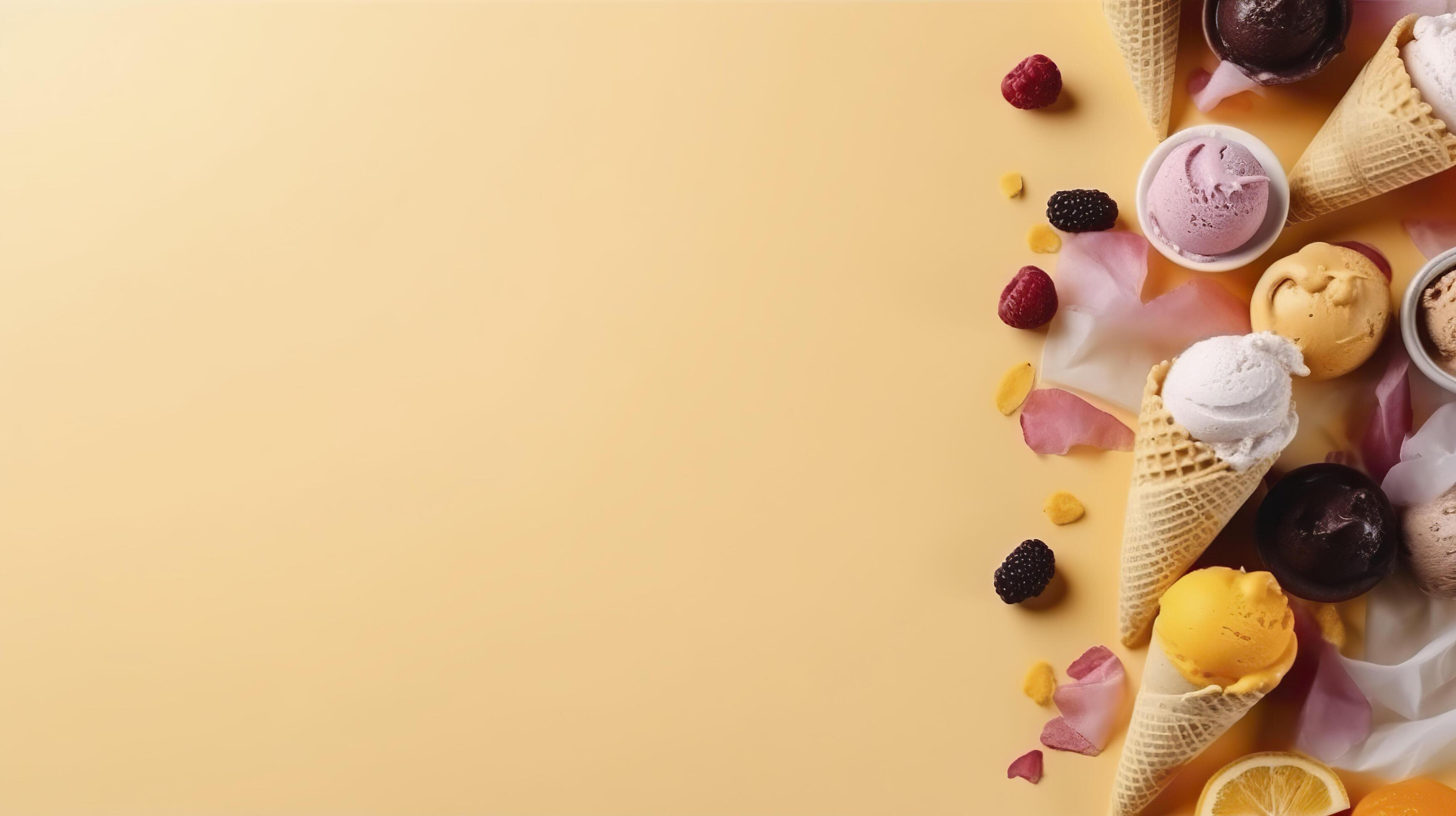 Banner with ice cream. Copy space, top view, summer background. . 22276118 Stock Photo at Vecteezy