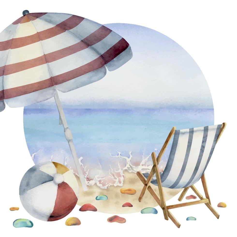 Hand Drawn Watercolor Composition Seascape With Beach Chair And