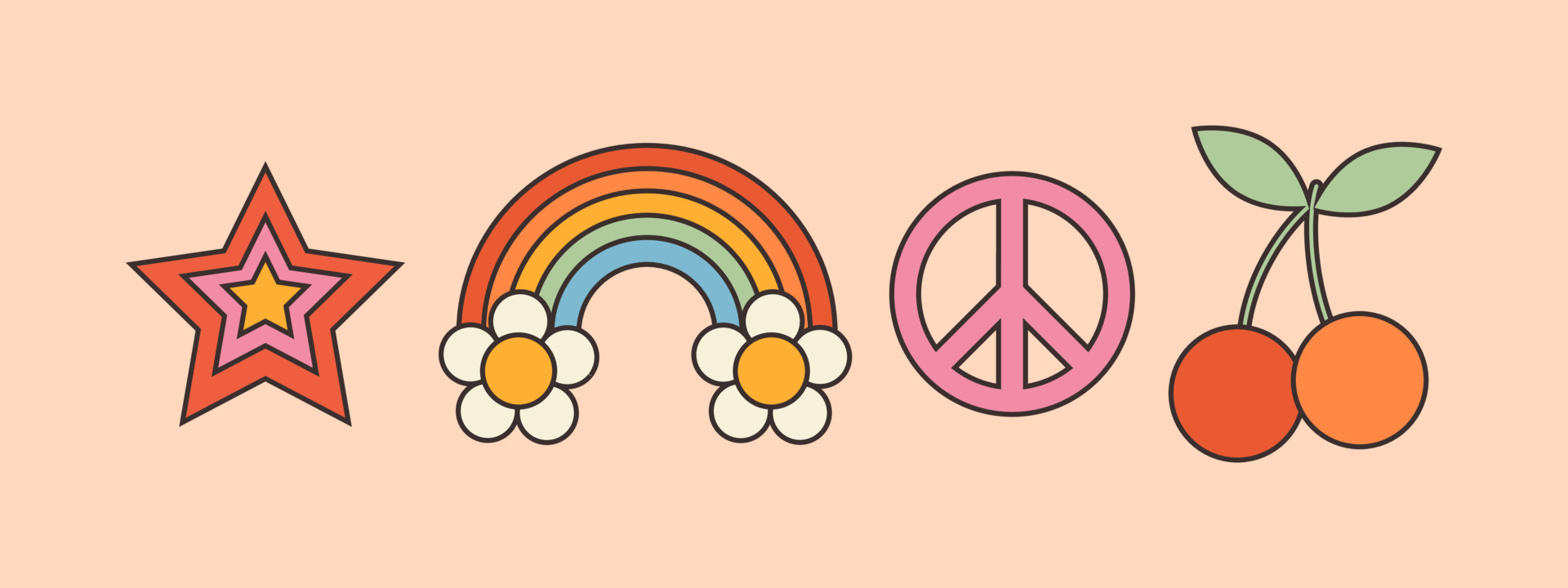 Trending elements in style of 70s. Pacifist symbol, cherry berries, rainbow, stars. Emblem, icon ...