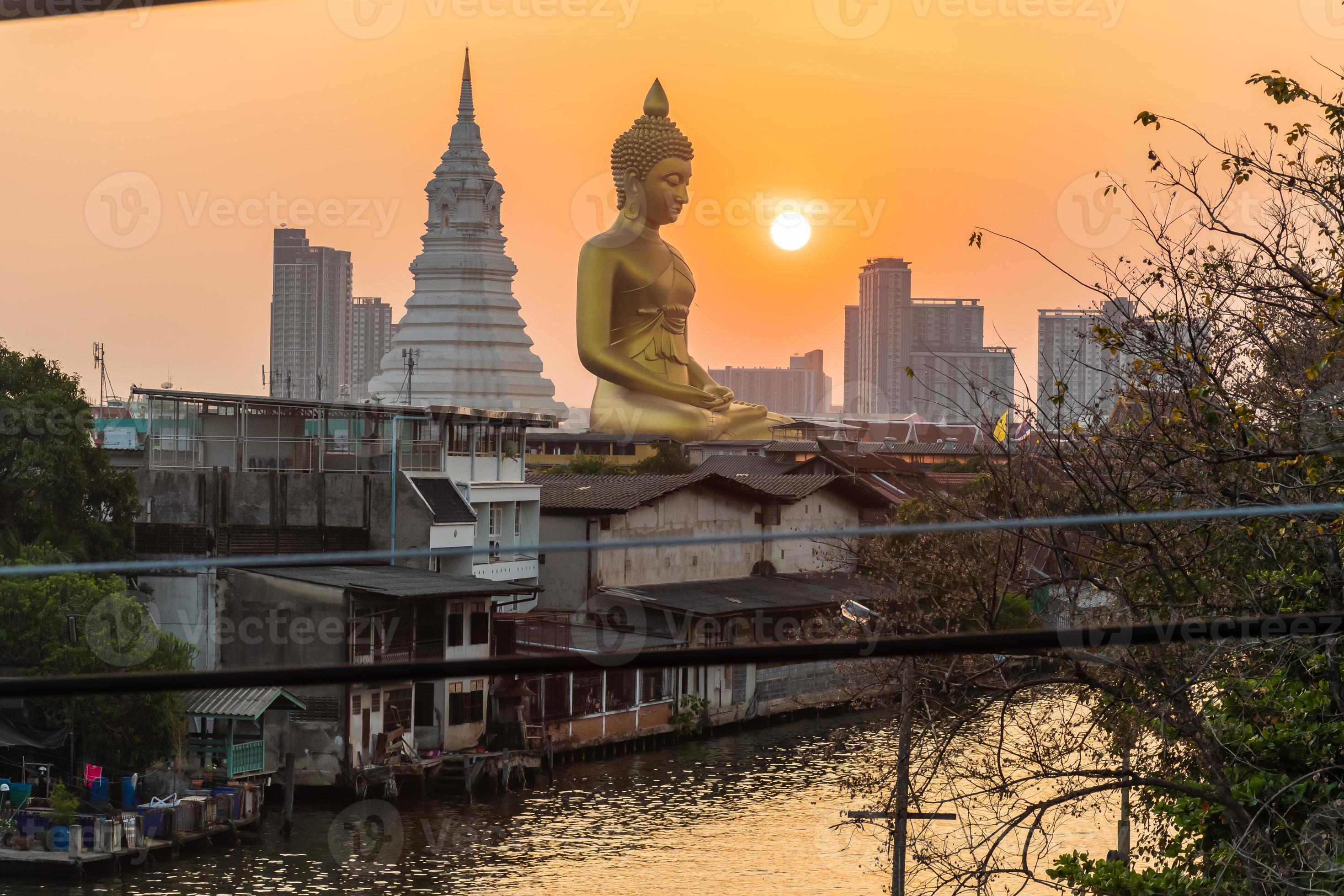 landscape of big buddha in the city large Buddha statue in Bangkok Wat Pak Nam Phasi Charoe ...
