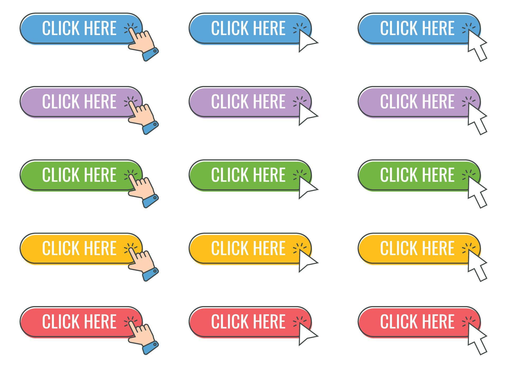 Click cursor icon with click here button vector set. Action button with ...