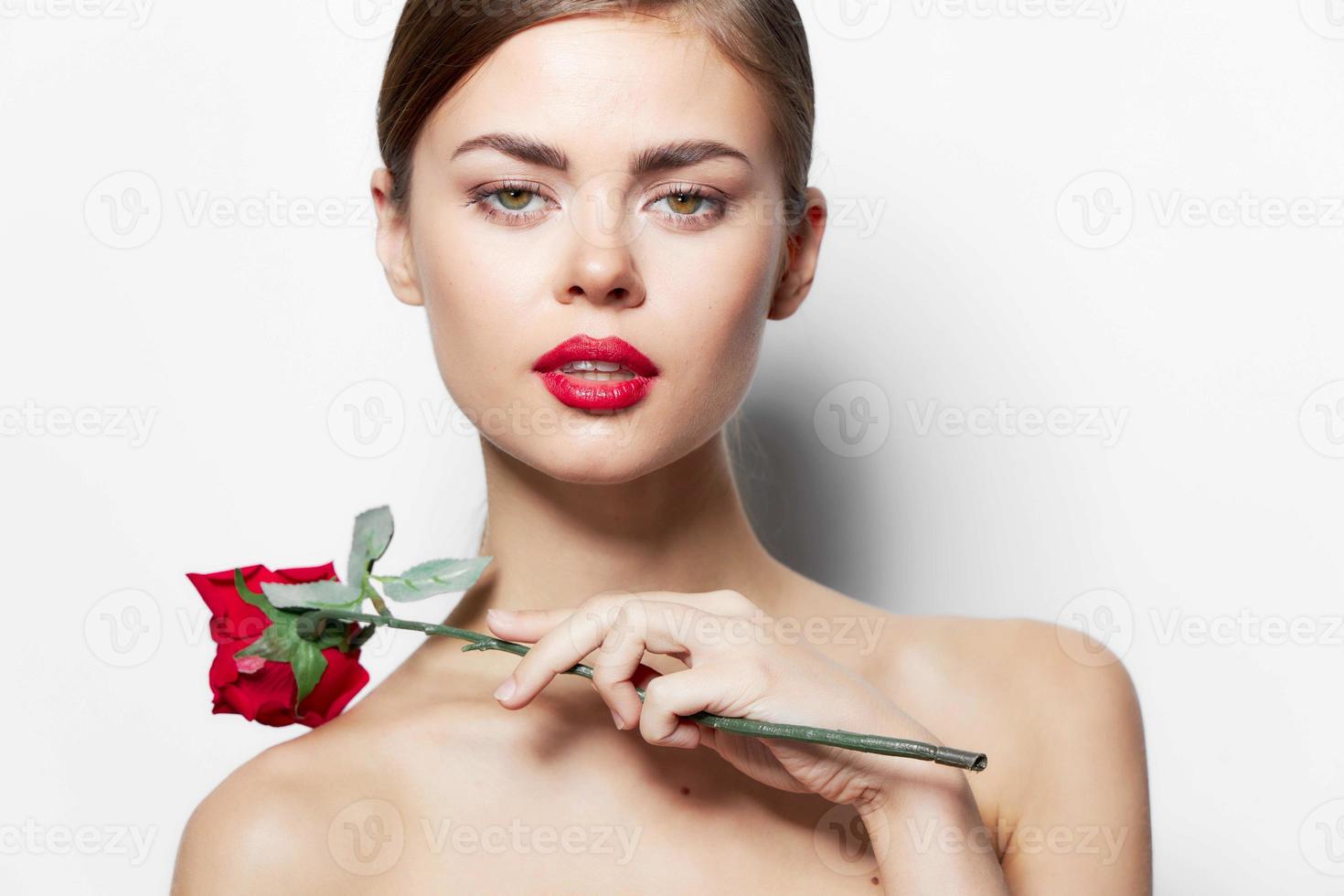 Attractive Woman Naked Shoulders Red Lips Clear Skin Rose Flower Cropped View 22310128 Stock
